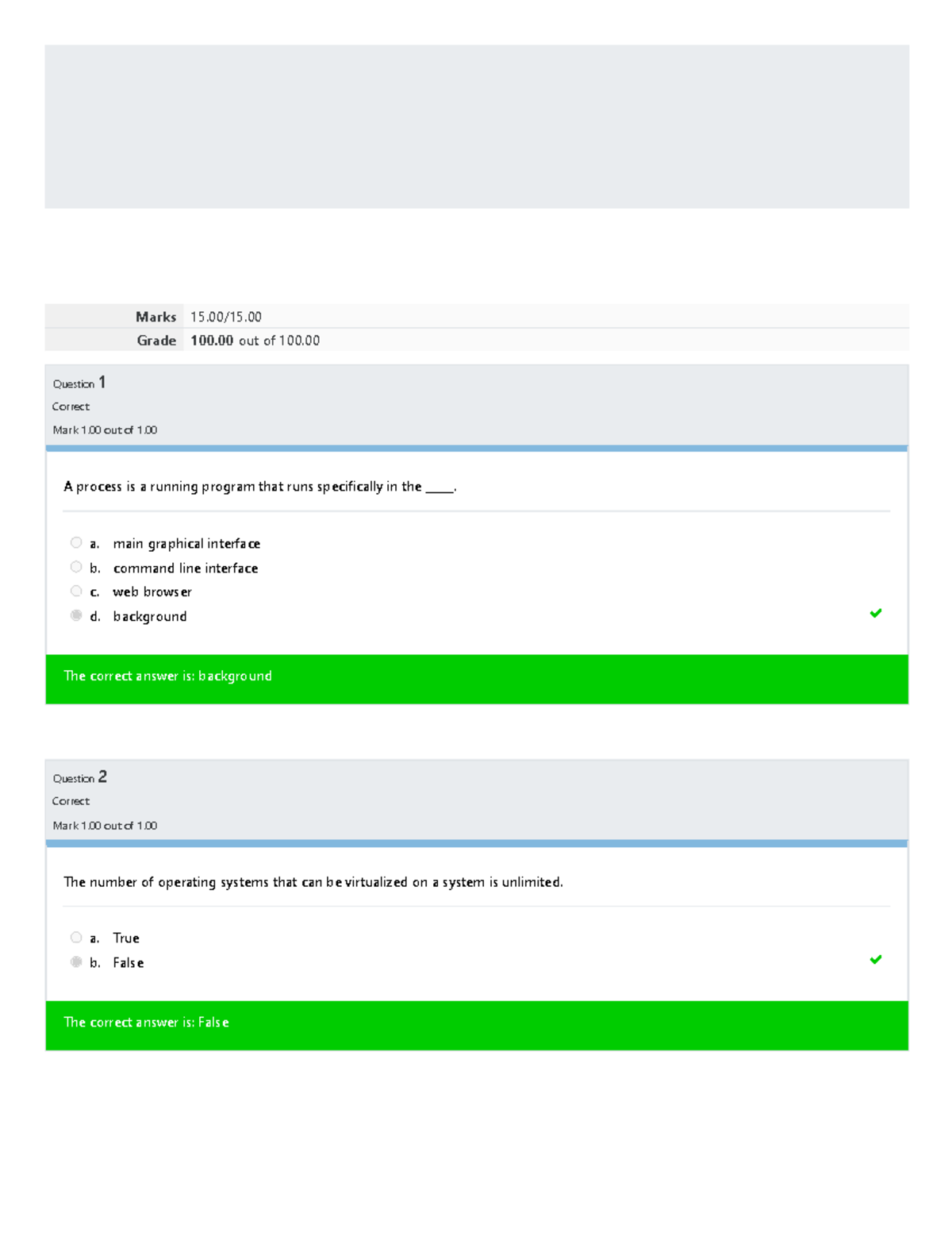 Graded Quiz Unit 3 Attempt review - Marks 15/15. Grade 100 out of 100 ...