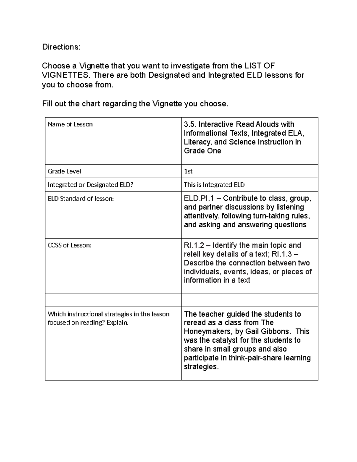 Vignette Assignment - from book - Directions: Choose a Vignette that ...