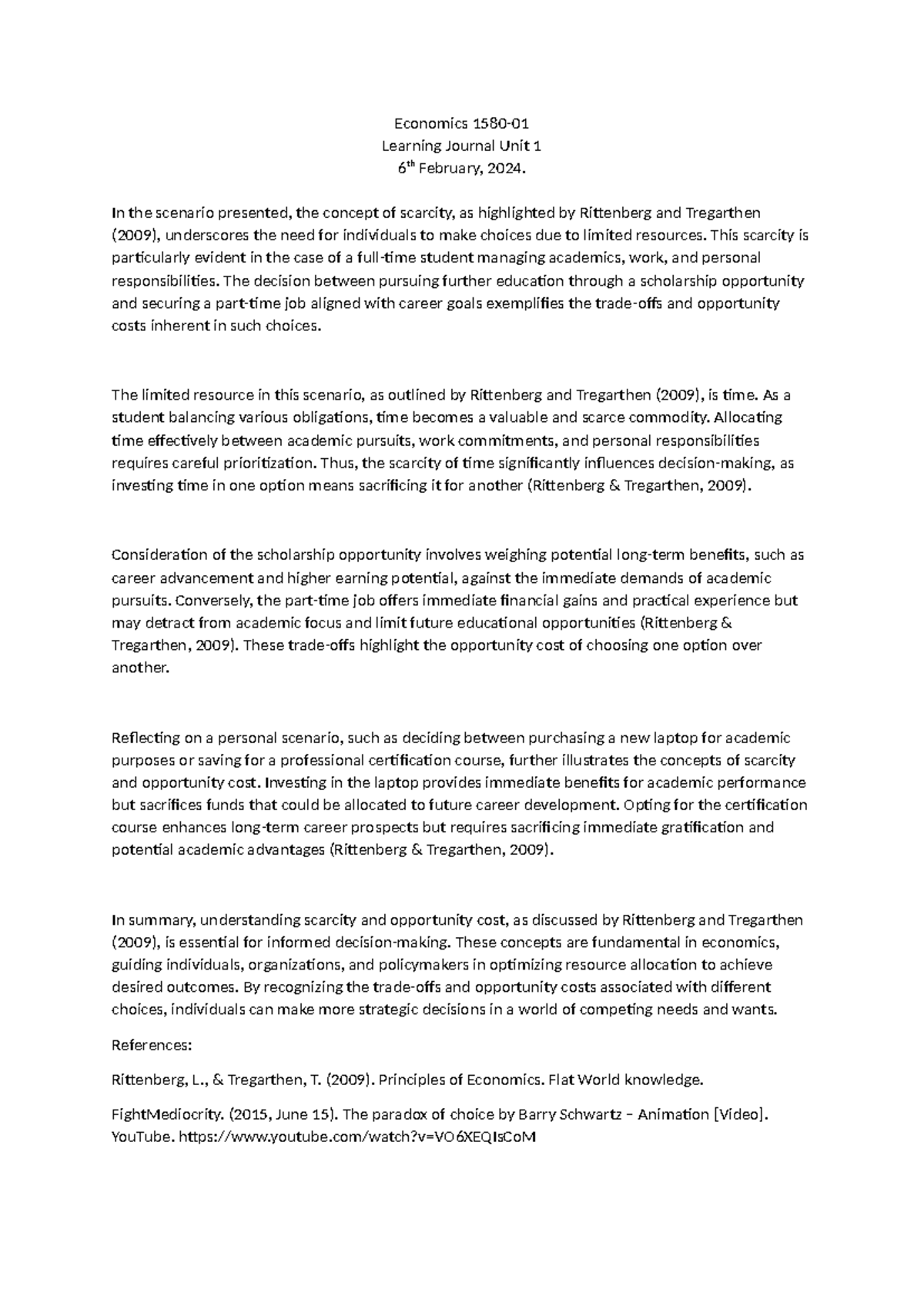 Economics Assignment 1 - Economics 1580- Learning Journal Unit 1 6 th ...