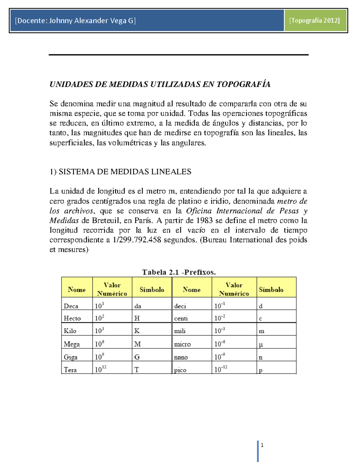 Unidades DE Medida Usadas EN Topografia - UNIDADES DE MEDIDAS UTILIZADAS EN TOPOGRAFÍA Se ...