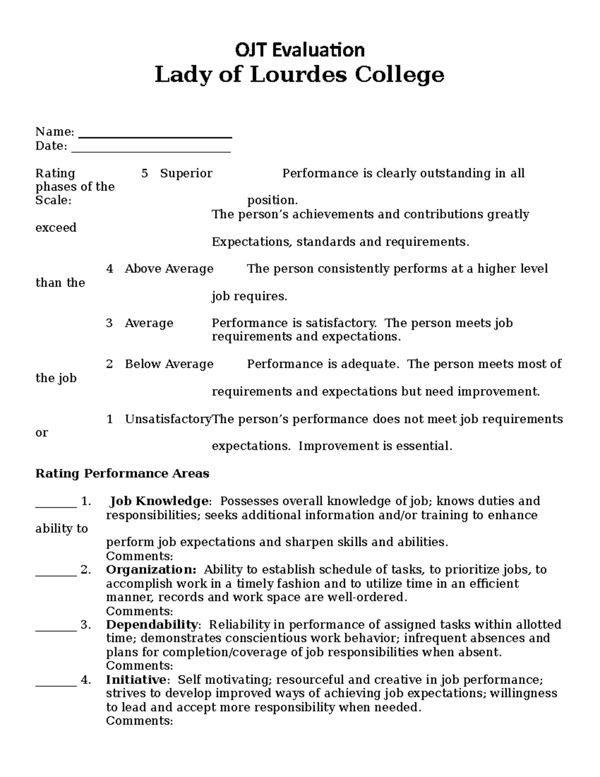 OJT-Evaluation-sheet 2 - OJT Evaluation Lady of Lourdes College Name