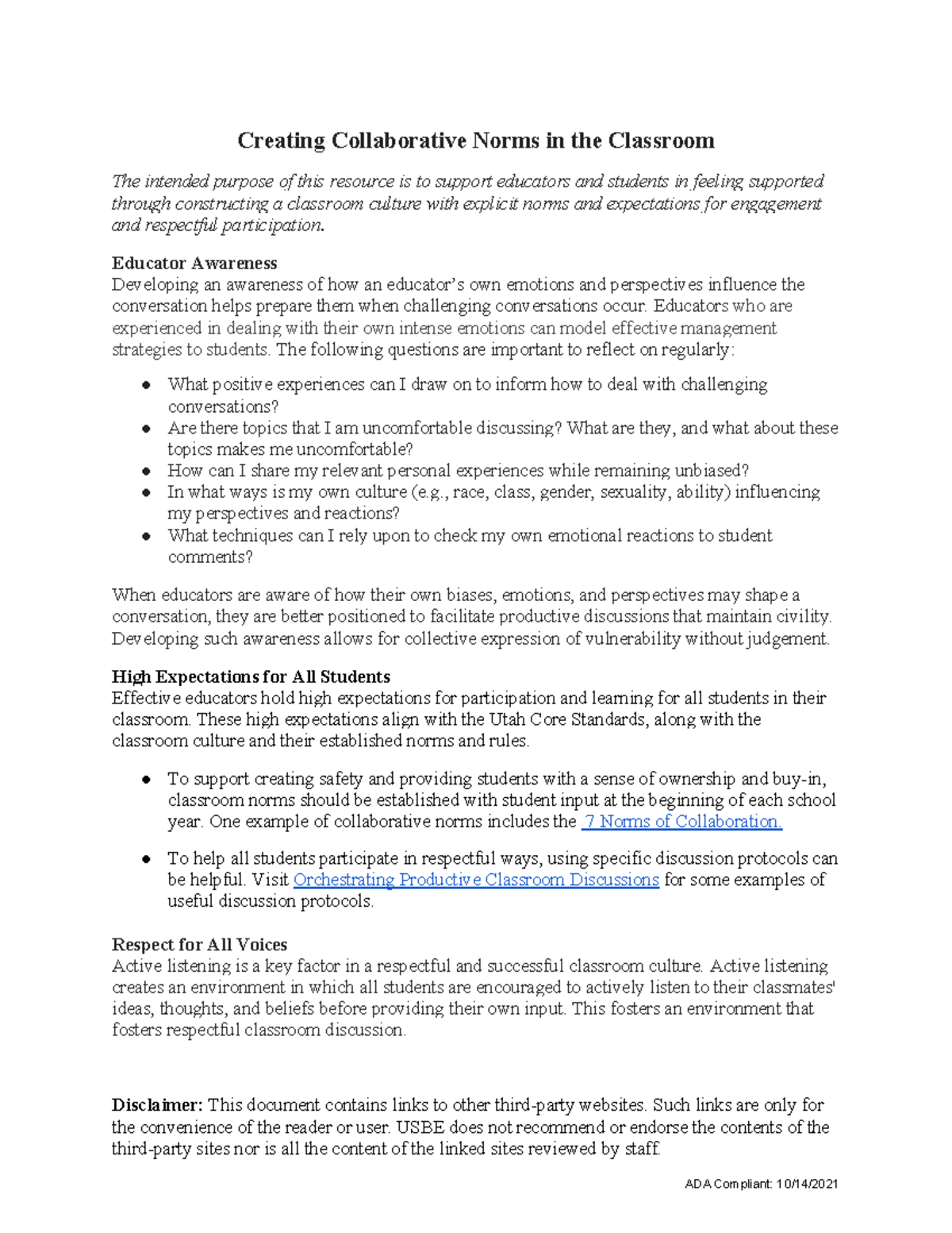 Creating Collaborative Norms Classroom - Disclaimer: This document ...