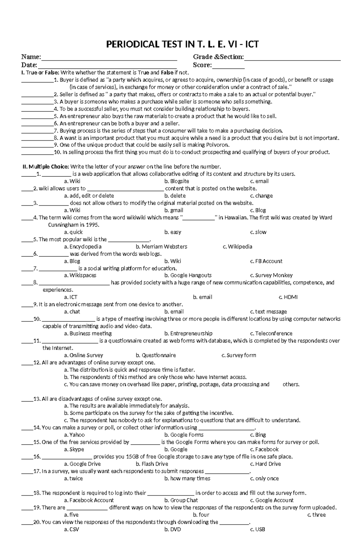 PT- in ICT WITH TOS AND Answer KEY - PERIODICAL TEST IN T. L. E. VI ...