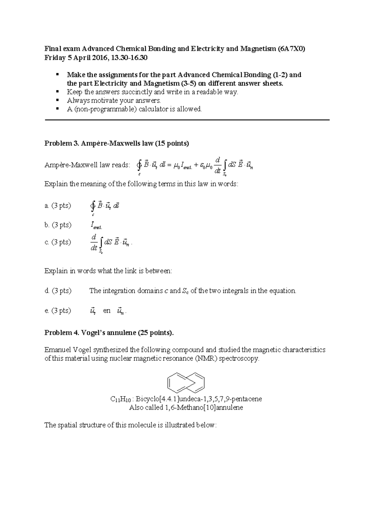 Exam 6A7X0 April 2016 EM - Final exam Advanced Chemical Bonding and ...