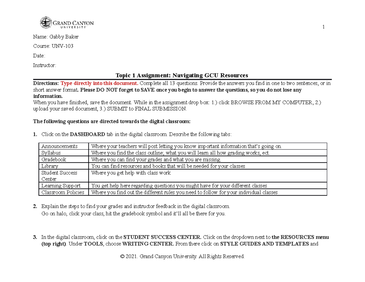 UNV 103 T1 Resources Worksheet Trad 2021 - Name: Gabby Baker Course ...