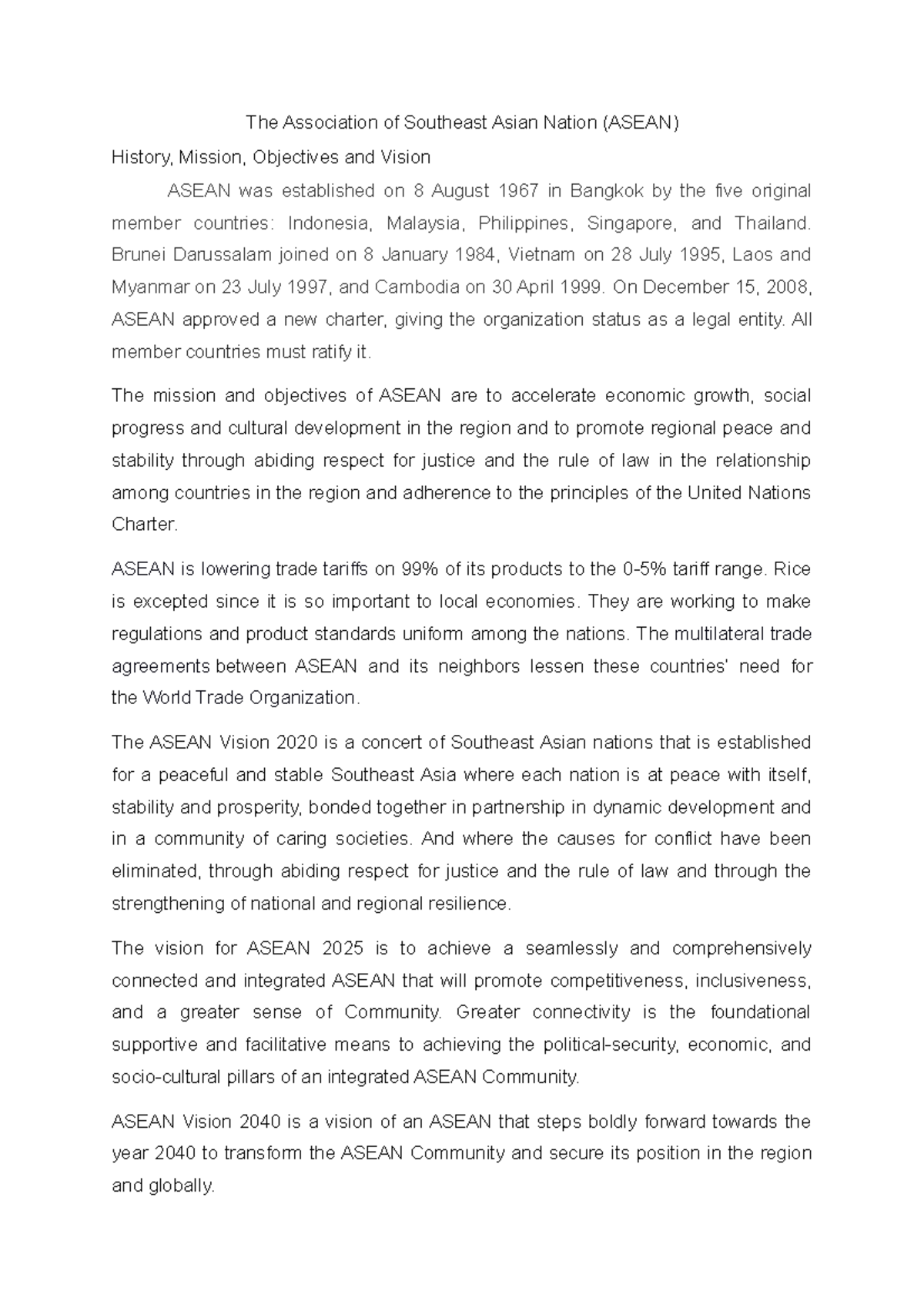 Asean - essay - The Association of Southeast Asian Nation (ASEAN ...