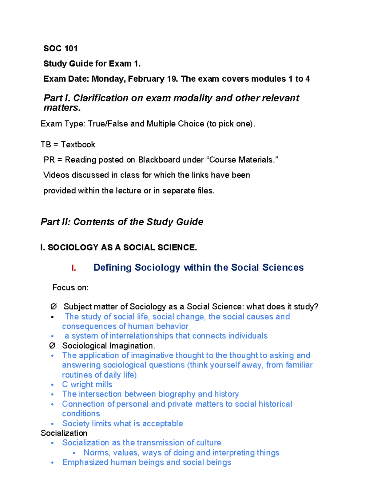 SOC 101 Exam 1 Study Guide - SOC 101 Study Guide for Exam 1. Exam Date: Monday, February 19. The ...