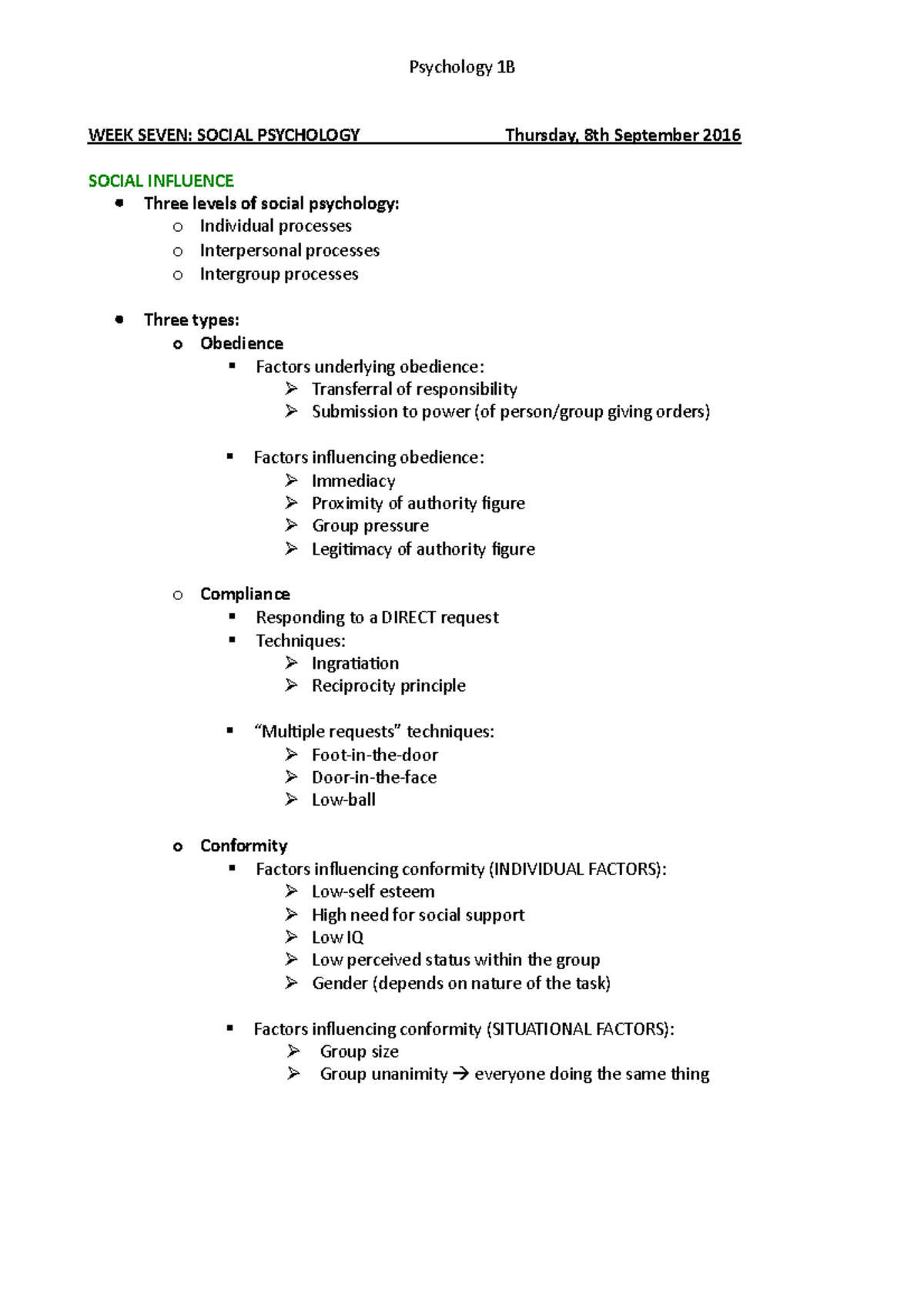Social Psychology - Lecture Notes - Psychology 1B WEEK SEVEN: SOCIAL ...