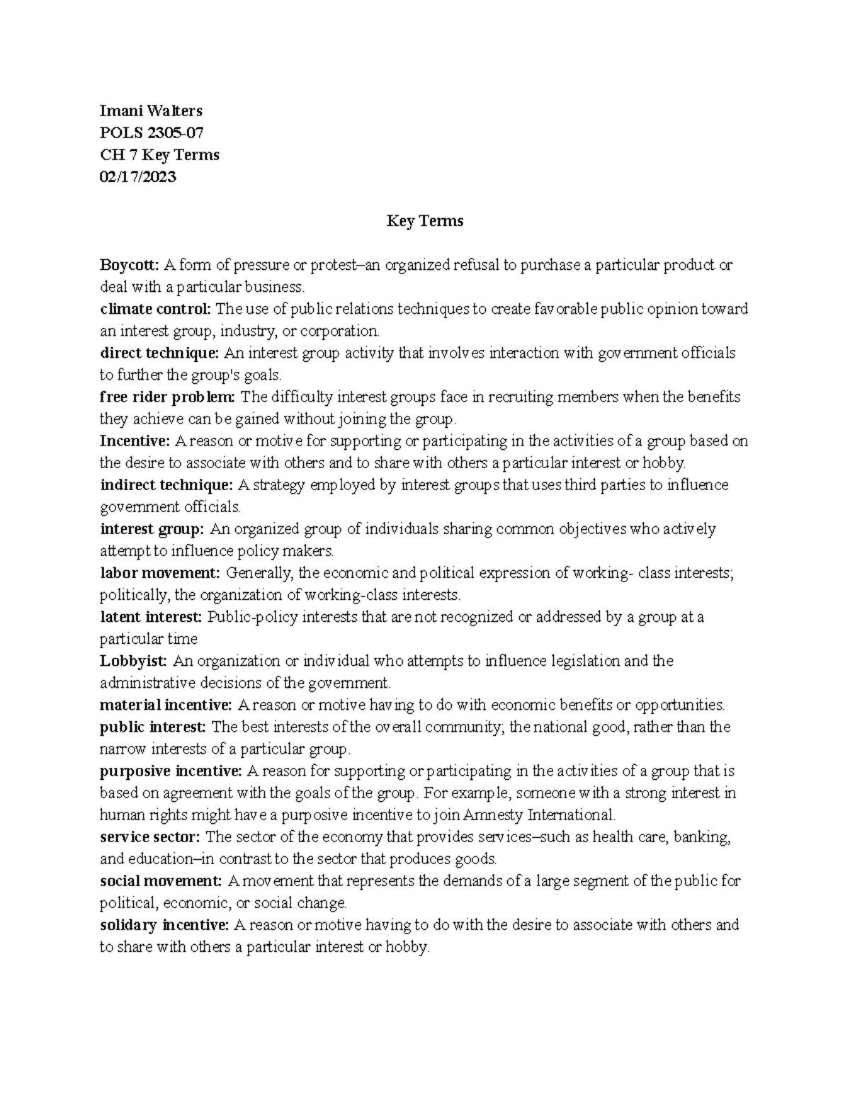 CH 7 key terms POLS 2305 - Imani Walters POLS 2305- CH 7 Key Terms 02 ...