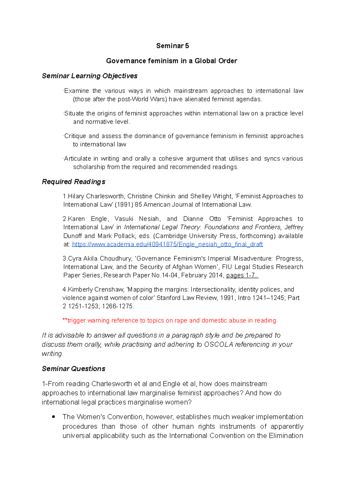 GL Seminar Sheet 5 (International Law) - Seminar 5 Governance feminism ...