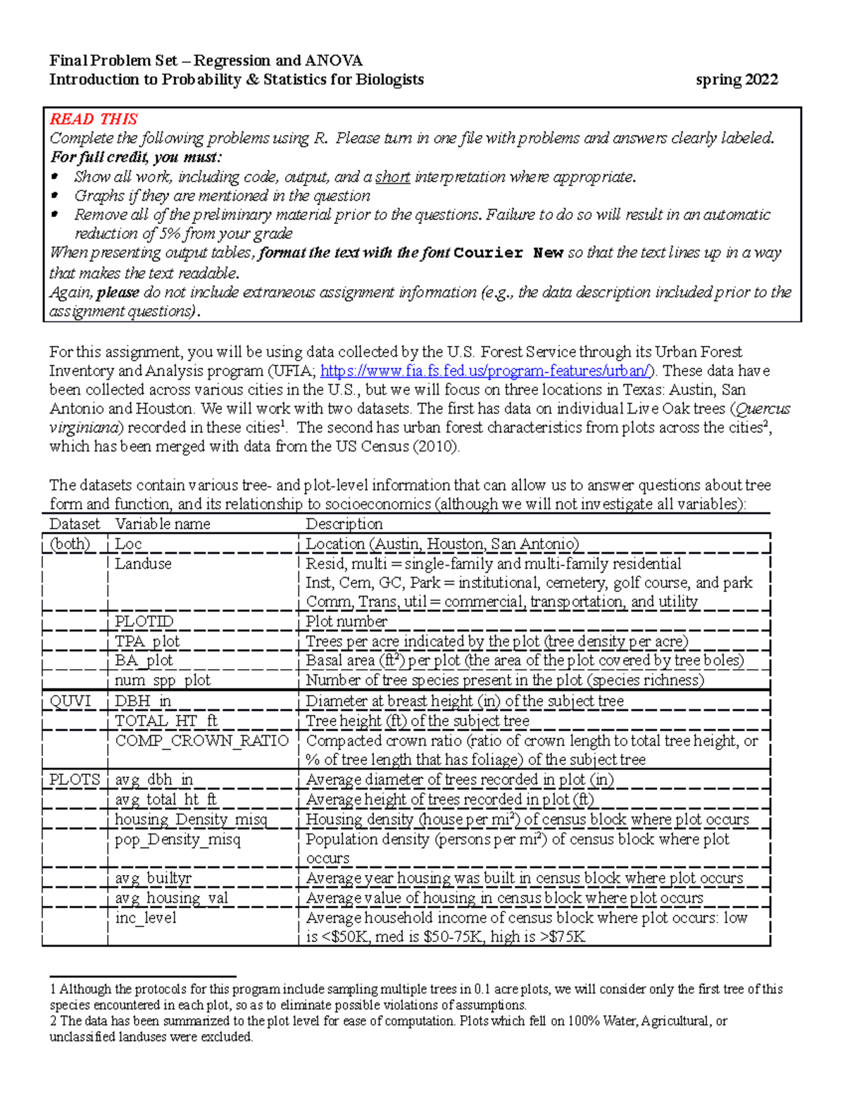 Final prob set - received full credit on this assignment - Final Problem Set – Regression and ...