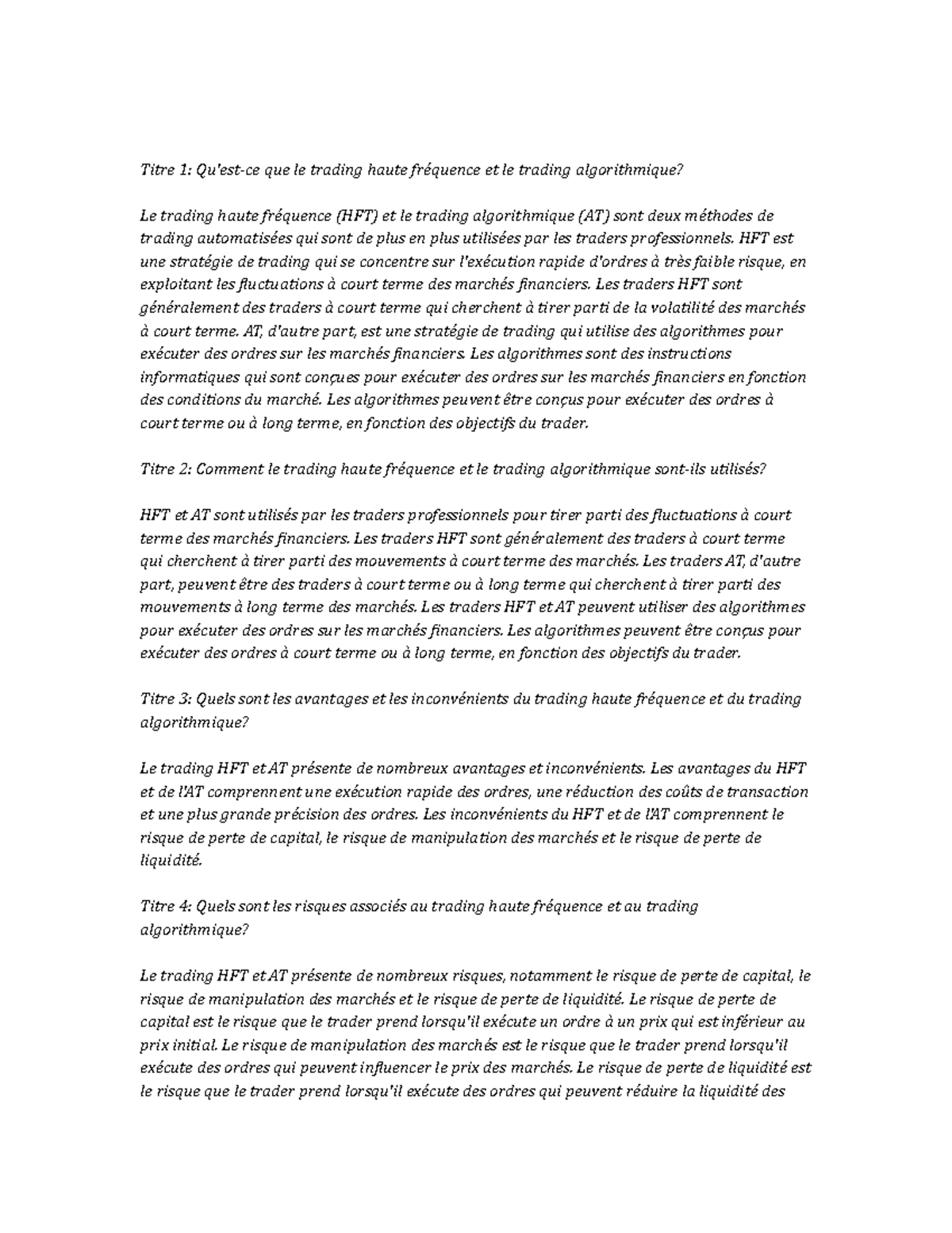 High Frequency Trading and Algorithmic Trading note study - Titre 1: Qu ...