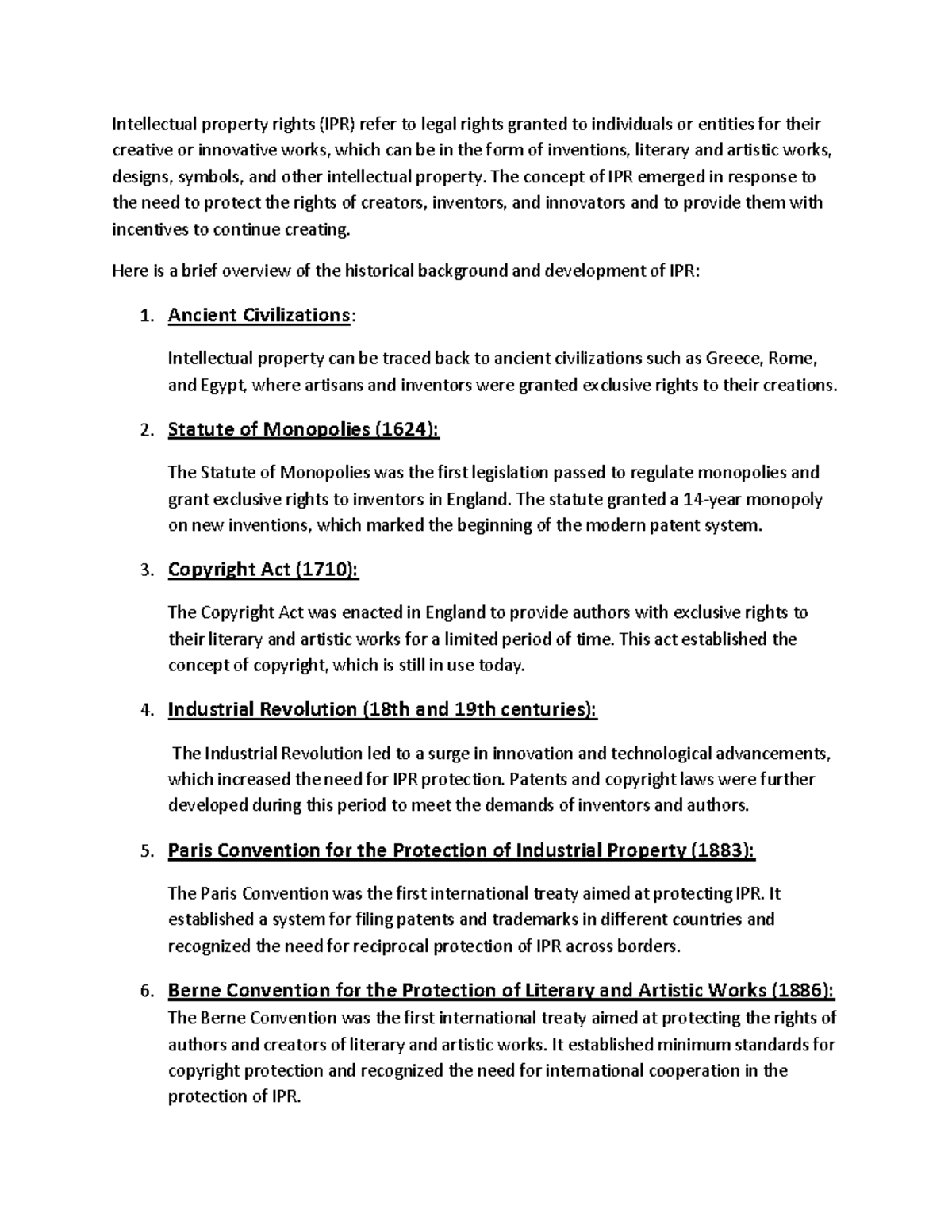 The concept of intellectual property rights and the historical ...