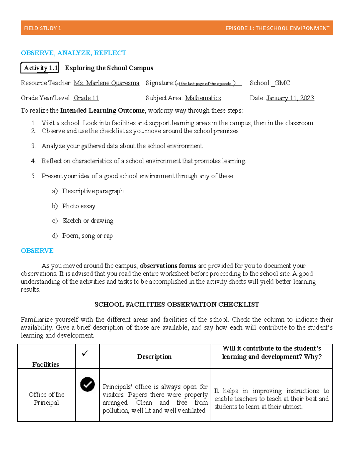Episode 1.MJ - fs1 ans - OBSERVE, ANALYZE, REFLECT Activity 1 Exploring ...