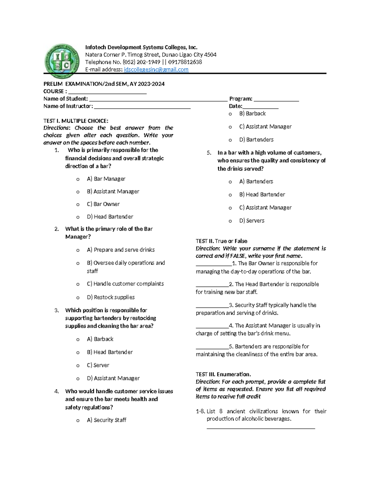 Sample exam template - Infotech Development Systems Colleges, Inc ...