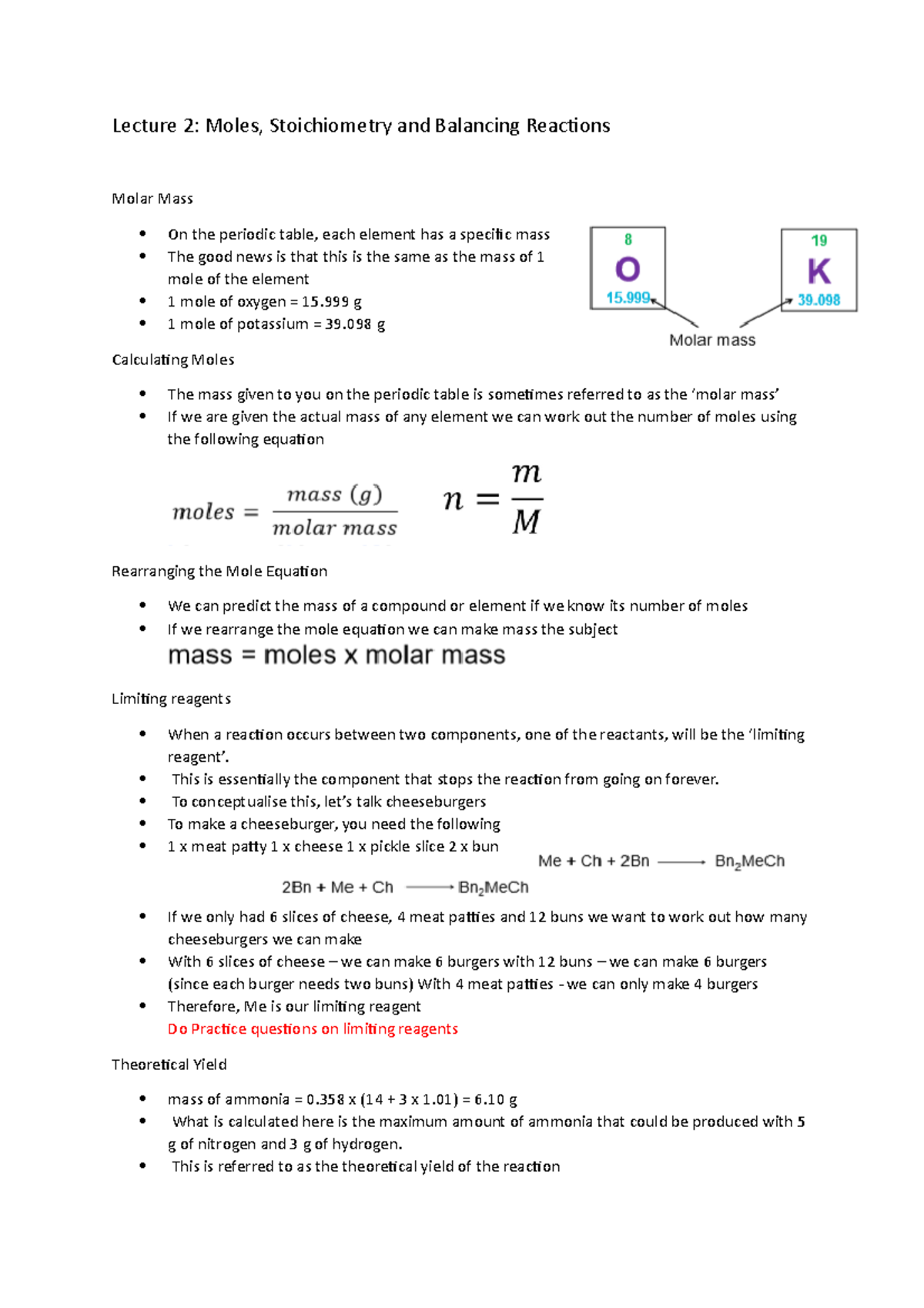Lecture 2 Notes - Lecture 2: Moles, Stoichiometry and Balancing ...