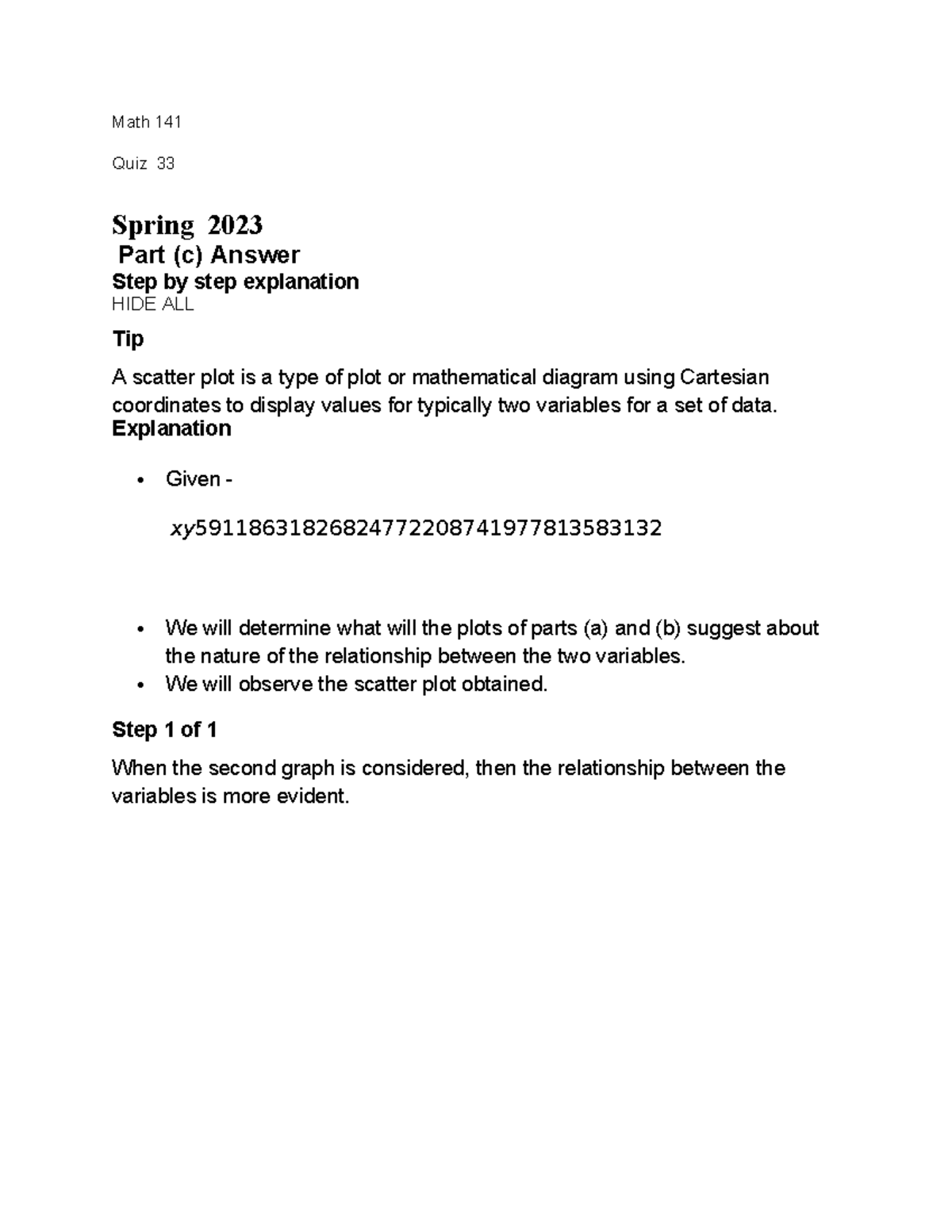 Mathprob 34 - practice quiz for the class - Math 141 Quiz 33 Spring 2023 Part (c) Answer Step by ...