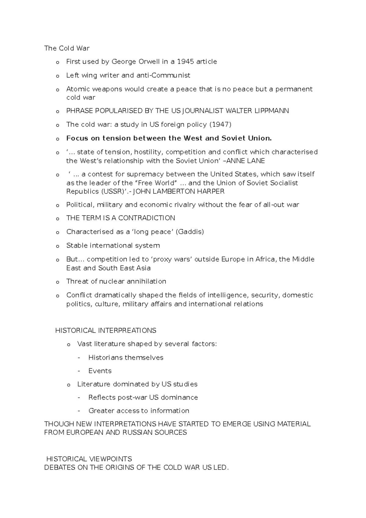 The Cold War - overview of cold war - The Cold War o First used by ...