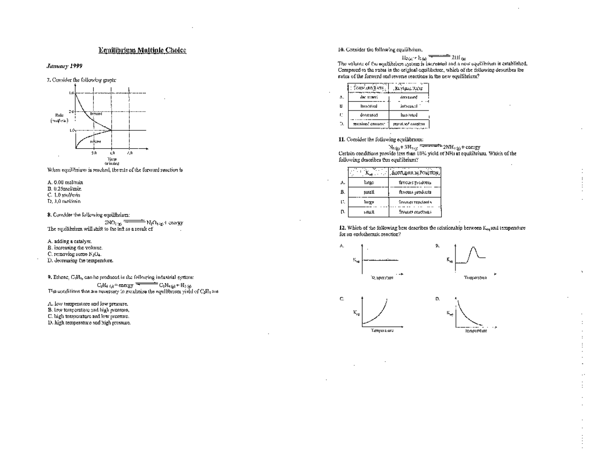 Equilibrium MC - Chem 12 - Equilibrium Multiple Choice 10. Consider the ...
