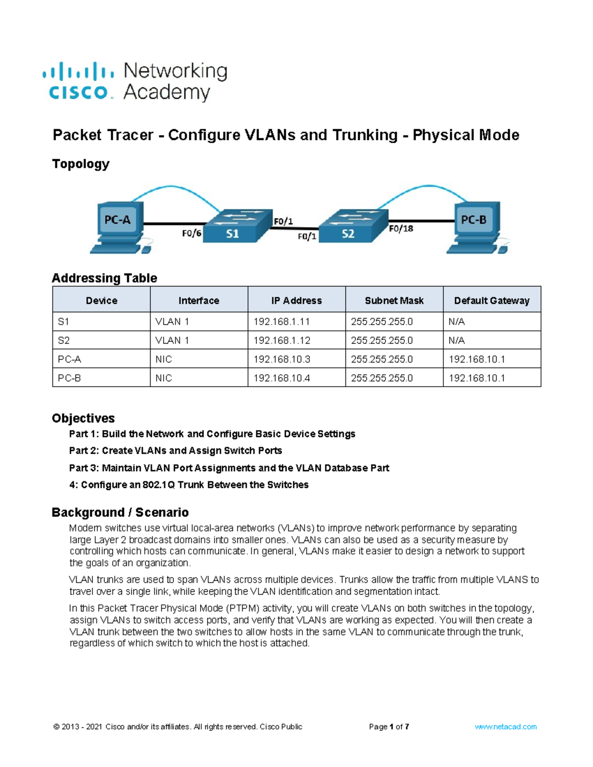 Packet Tracer Configure Vlans And Trunking Physical Mode Topology Addressing Table Device