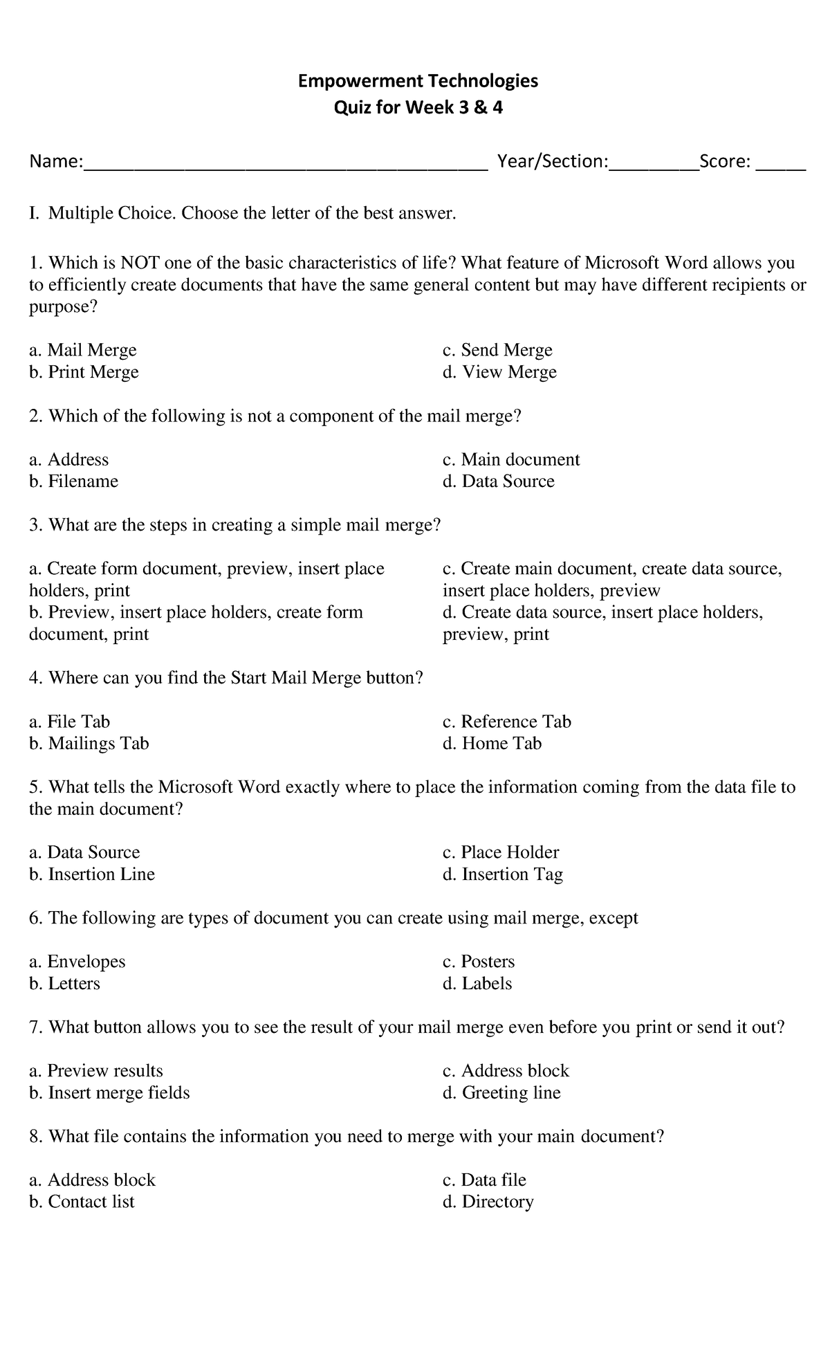Quiz34 - hhsh - Empowerment Technologies Quiz for Week 3 & 4 - Studocu
