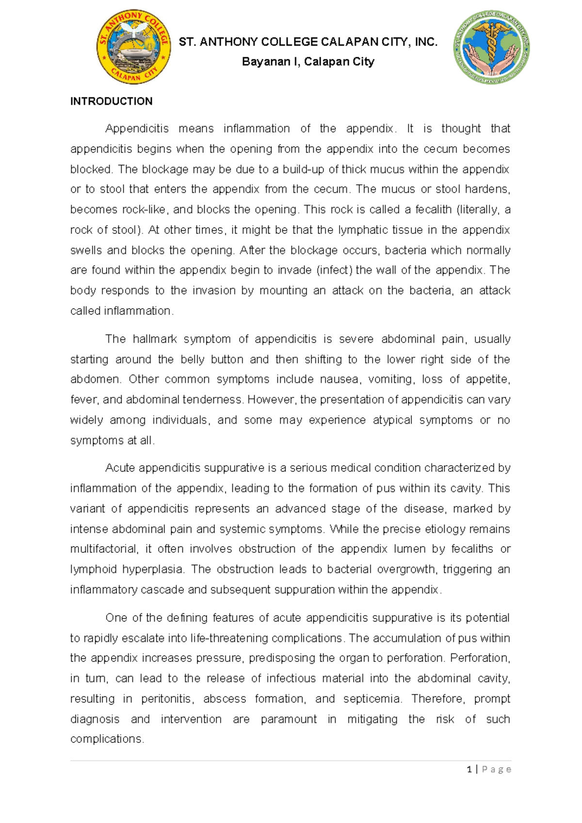 Part 1 - about appendectomy - Bayanan I, Calapan City INTRODUCTION ...