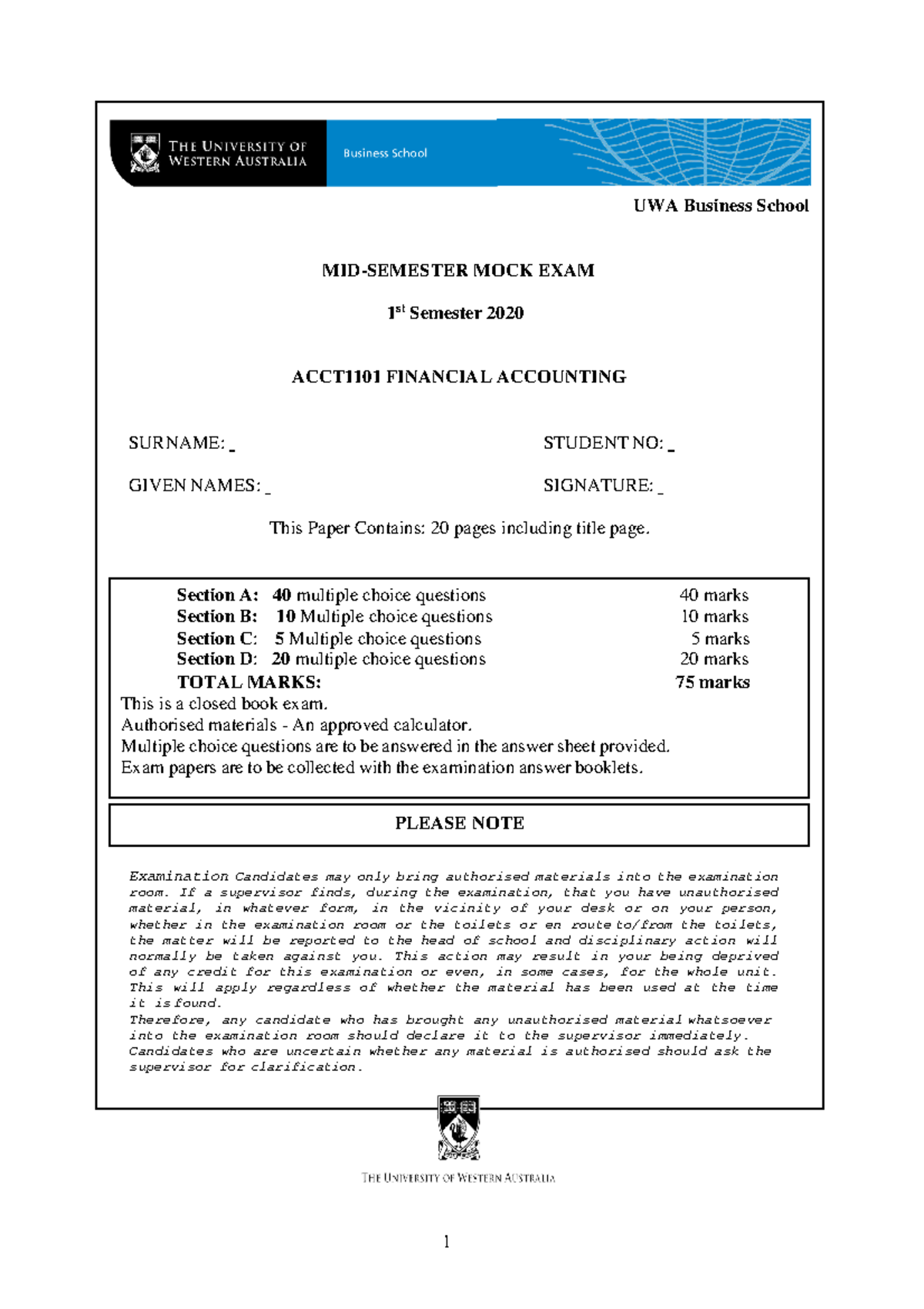 2020 ACCT1101 Mid-Semester Mock Exam Questions - Warning: TT: undefined function: 32 UWA ...