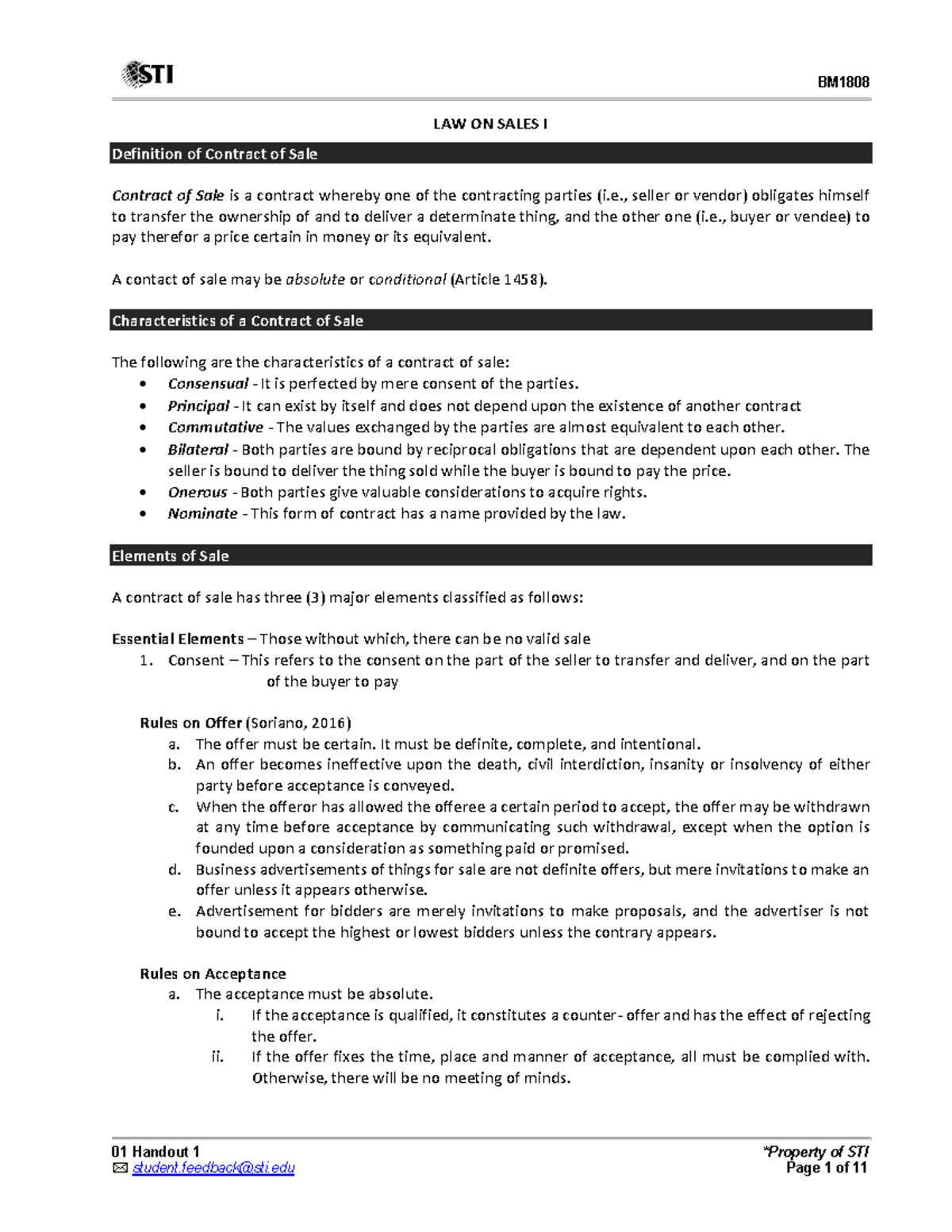 01 Handout 1 - Good - 01 Handout 1 *Property of STI LAW ON SALES I ...