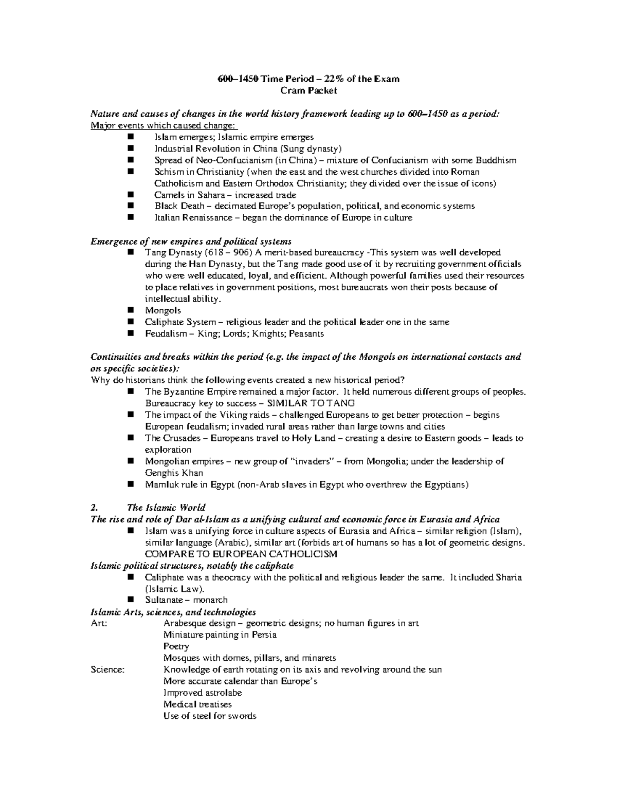 AP 600-1450 Study Packet - 600–1450 Time Period – 22% of the Exam Cram ...
