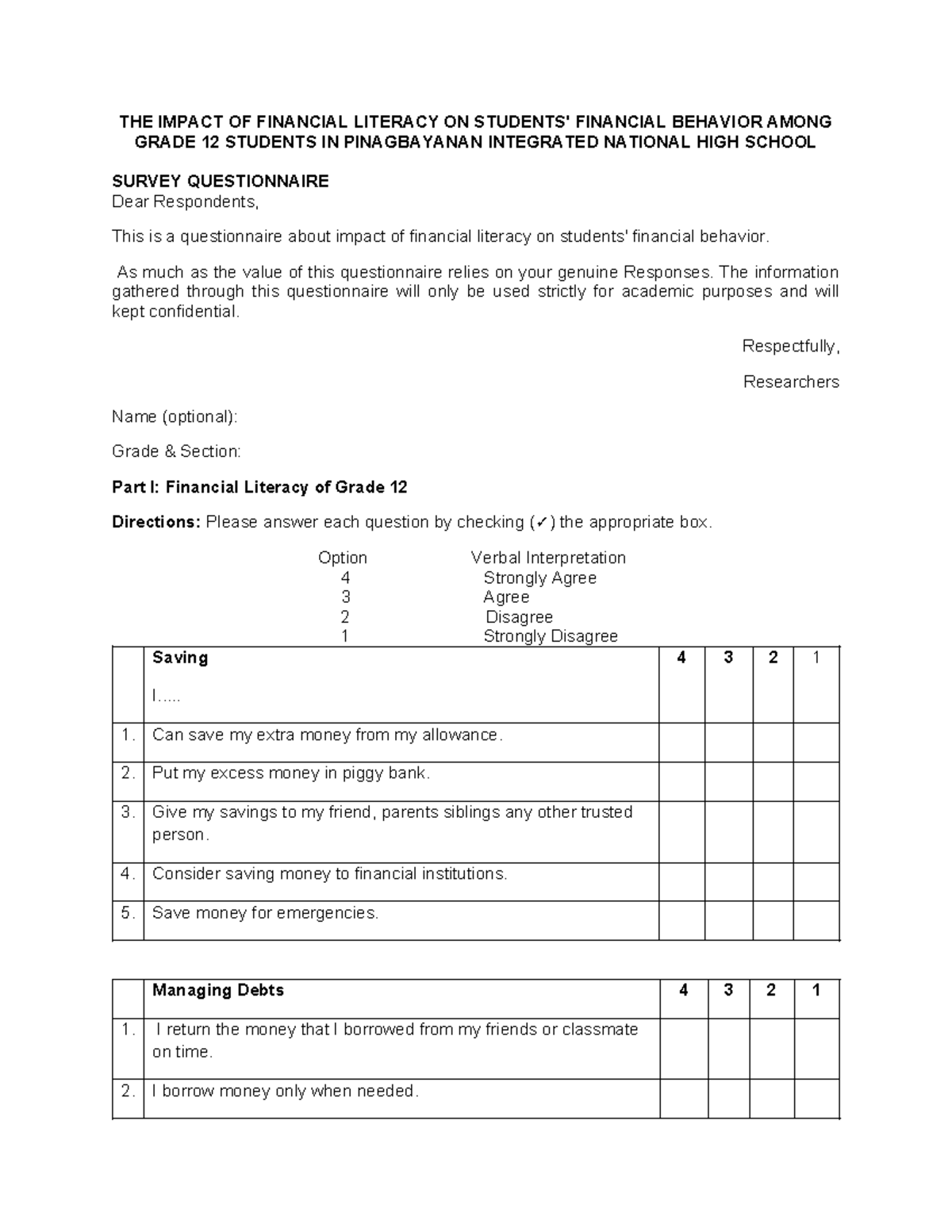 Group 1 questionnaire - THE IMPACT OF FINANCIAL LITERACY ON STUDENTS ...