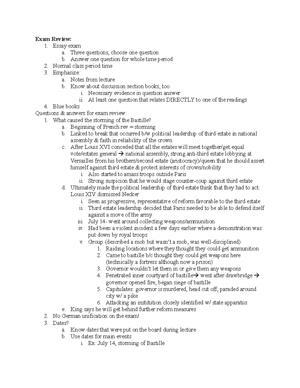 History 008 notes - Exam Review: 1. Essay exam a. Three questions ...