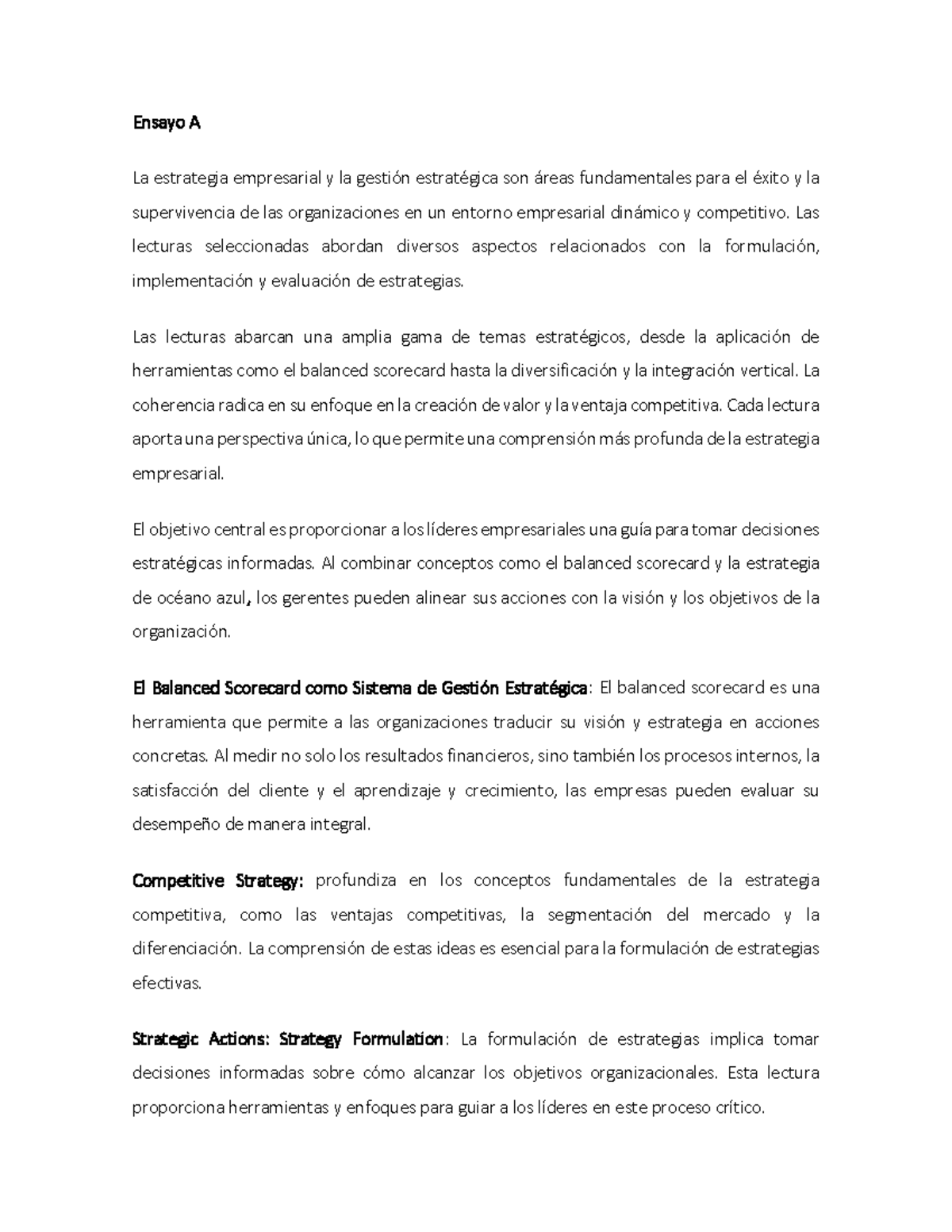 Ensayo A - hshhsh - Ensayo A La estrategia empresarial y la gestión ...