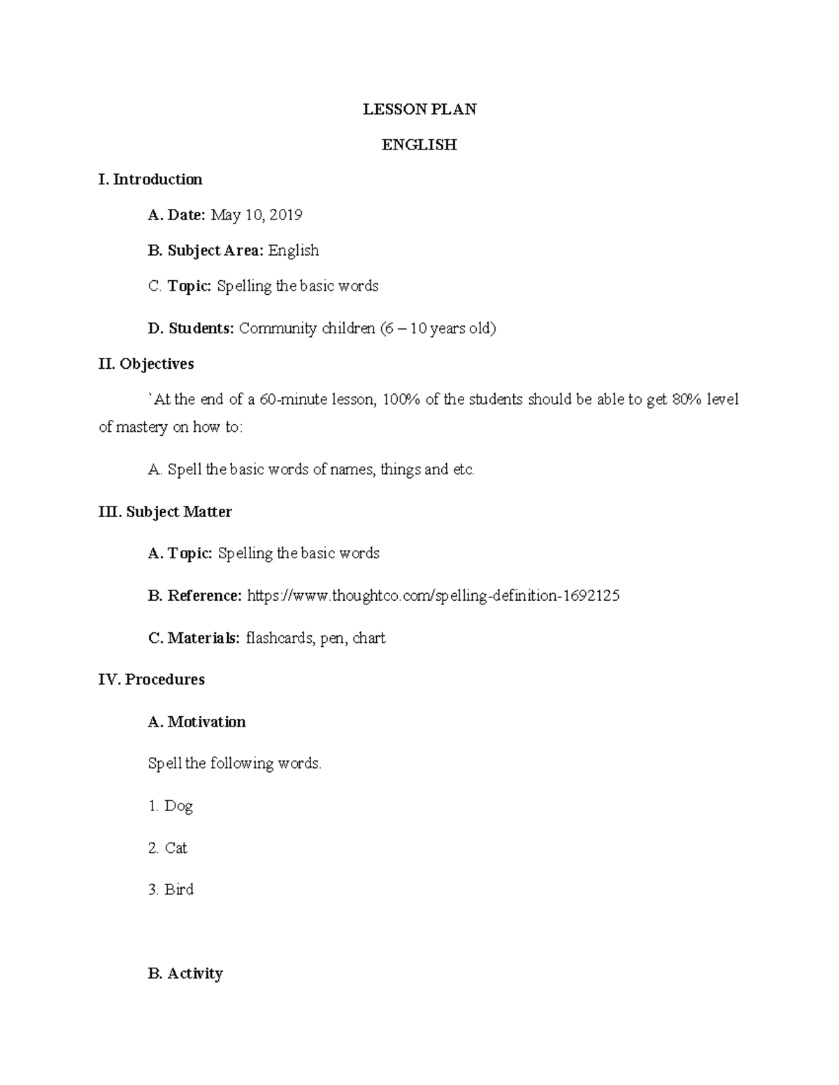 Lesson-plan-4 nstp - LESSONS - LESSON PLAN ENGLISH I. Introduction A ...