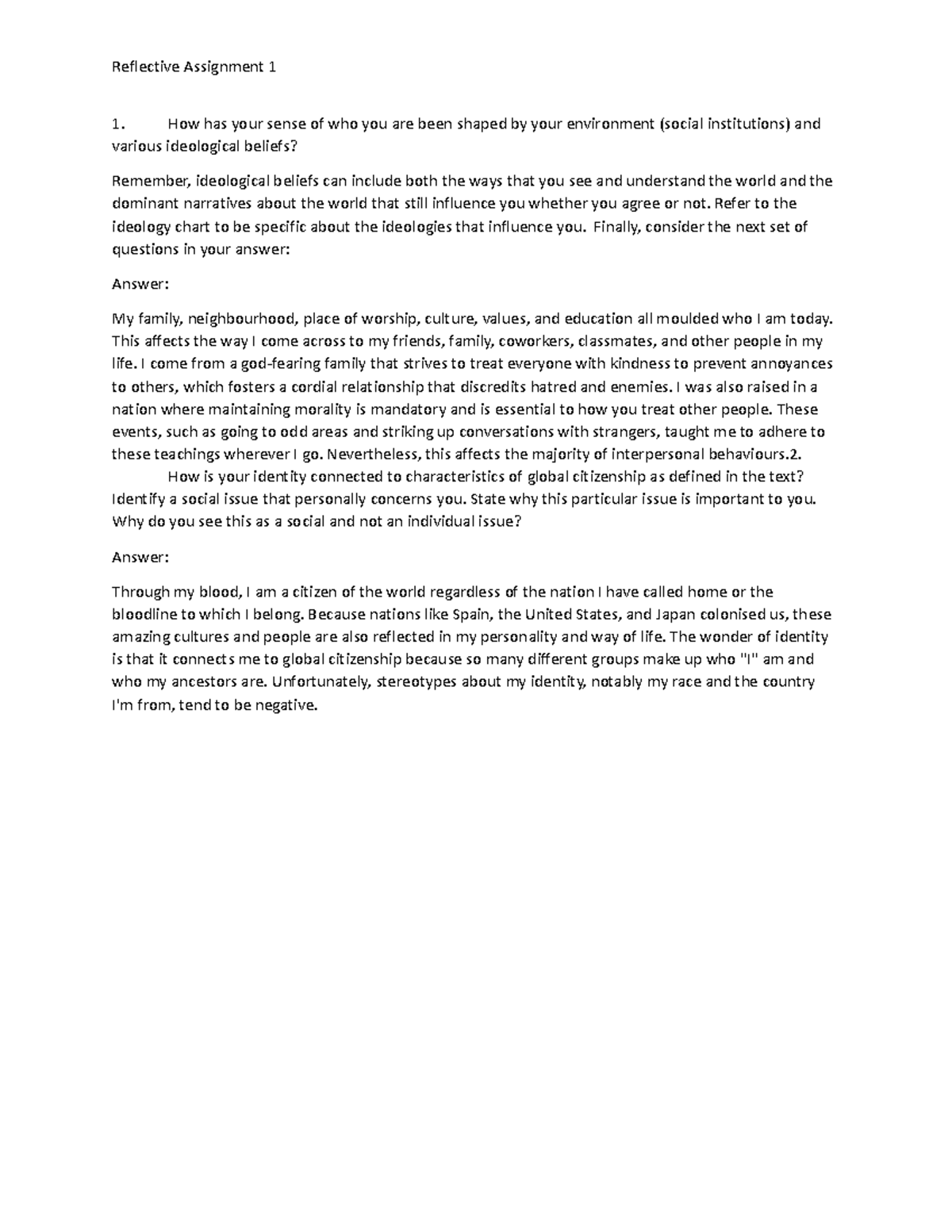 Reflective Assignment 1 - Refer to the ideology chart to be specific ...