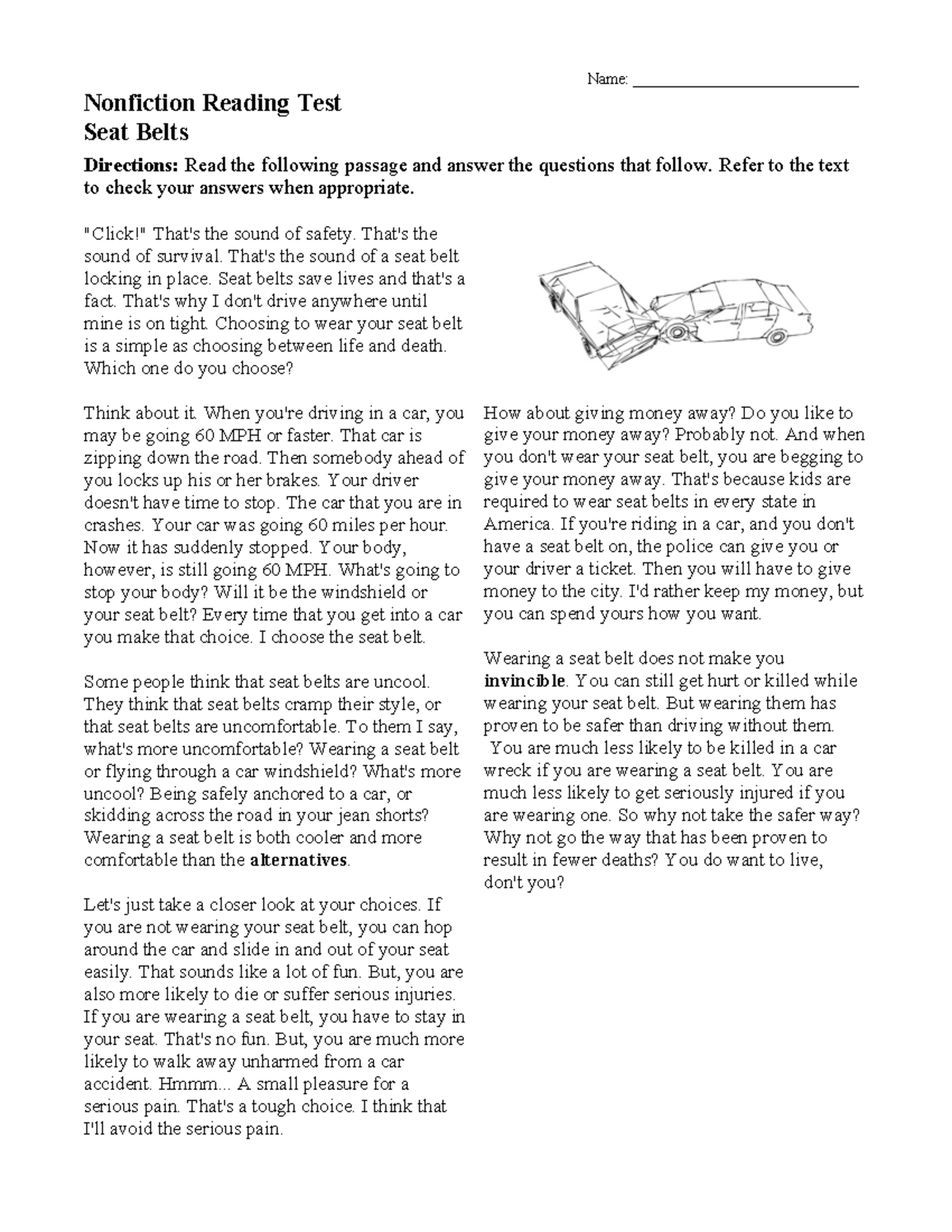 Nonfiction reading test seat belts 6 1 - Name ...
