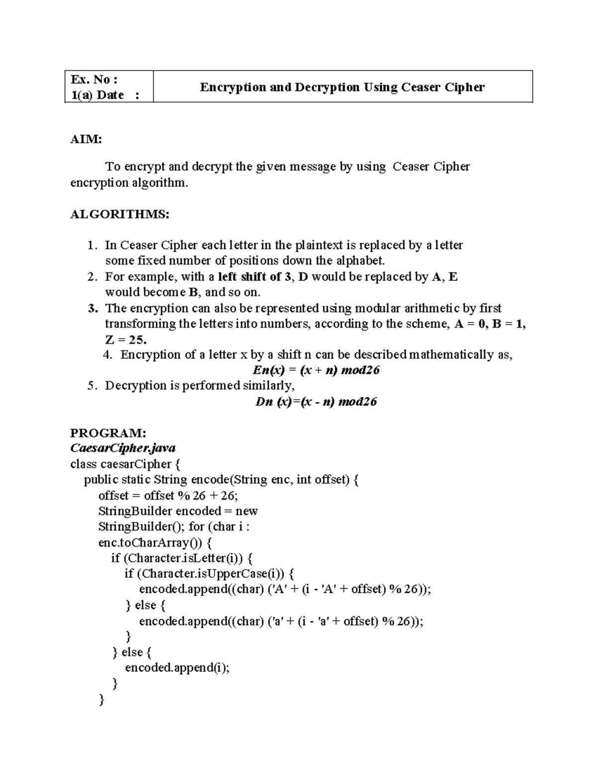 IT8761 Security Laboratory Manual - Ex. No : 1(a) Date : Encryption and Decryption Using Ceaser ...