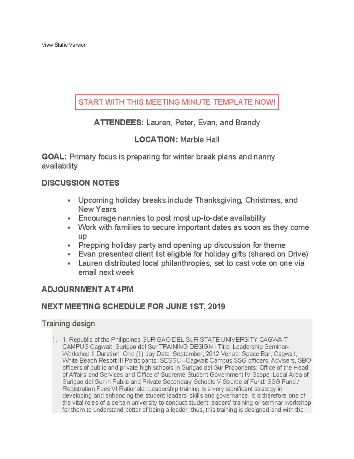 Minutes sample meeting - ####### View Static Version Meeting Minute2pm ...