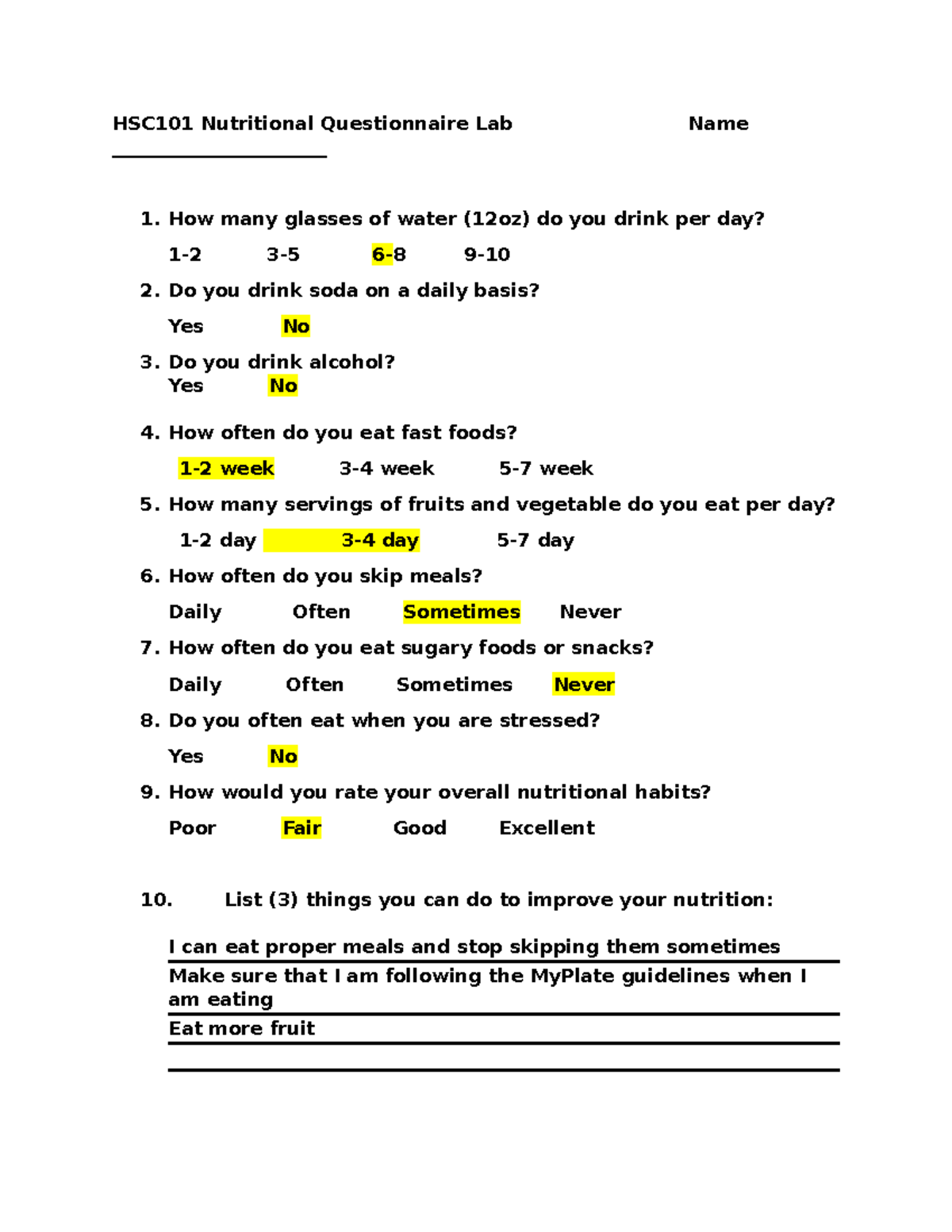 HSC101 Nutritional Questionnaire Lab 2 - How many glasses of water ...