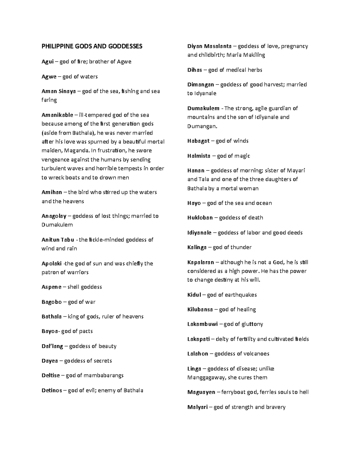 GODS AND Goddesses - PHILIPPINE GODS AND GODDESSES Agui – god of fire ...