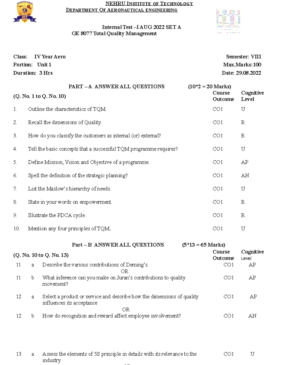 Internal 1 Tqm Set A Notes Nehru I Nstitute Of Technology D Epartment Of Aeronautical 