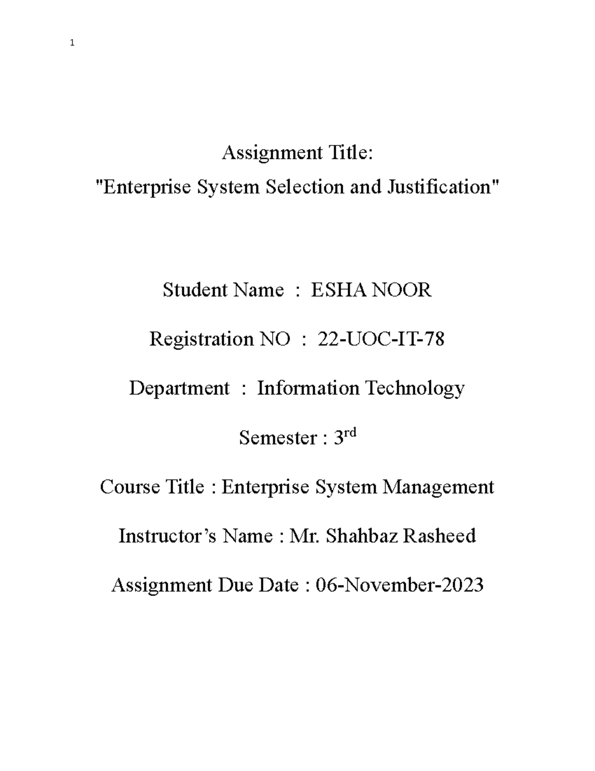 ERP 1st Assignment - Assignment Title: "Enterprise System Selection and ...