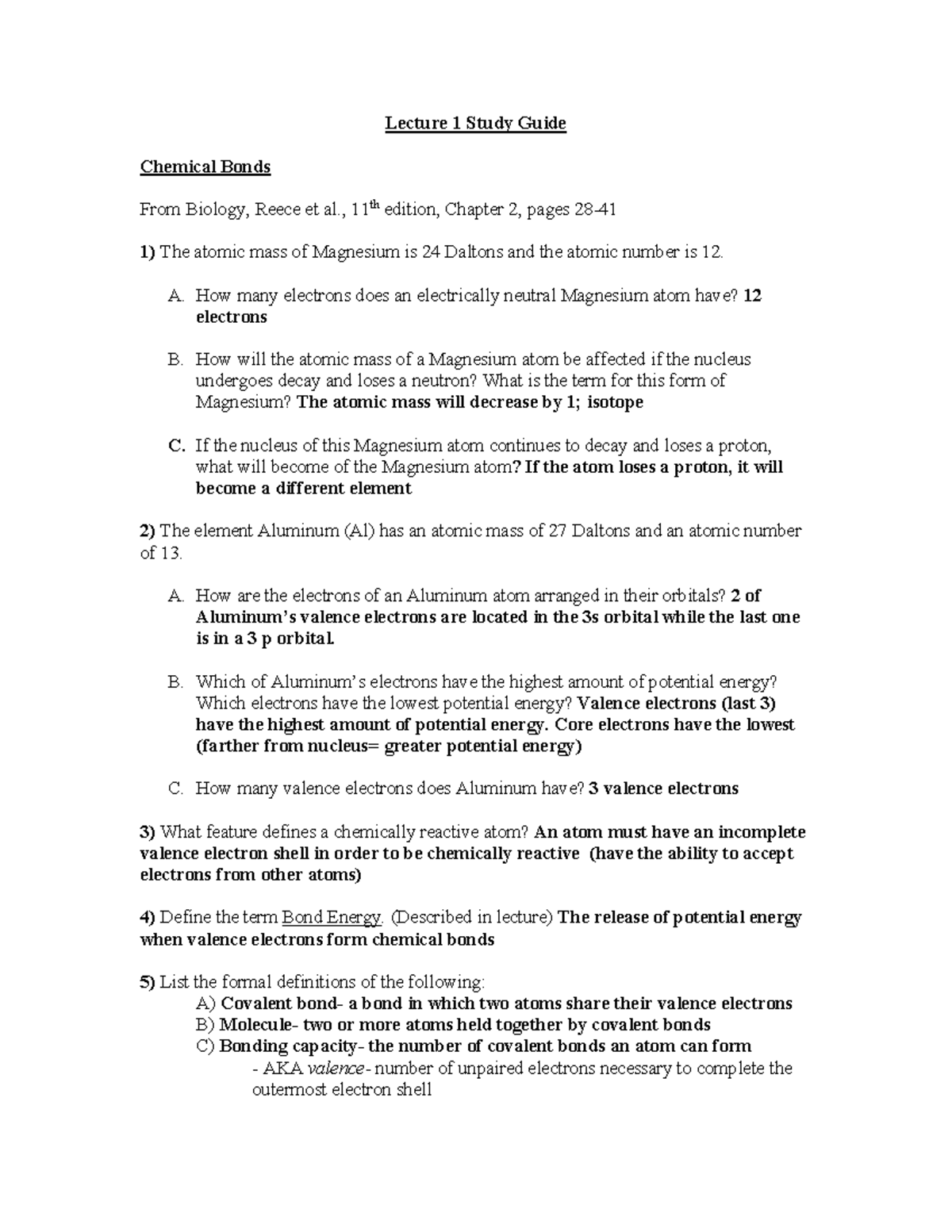 2112 Lecture 1 Study Guide - Lecture 1 Study Guide Chemical Bonds From ...