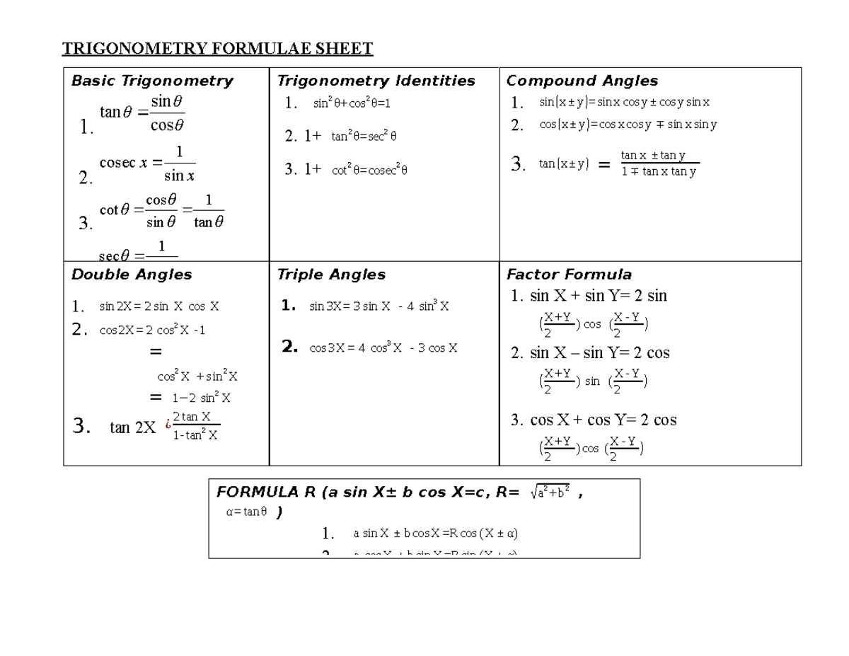 Trigonometry Formulae Sheet (including R formula) - TRIGONOMETRY ...