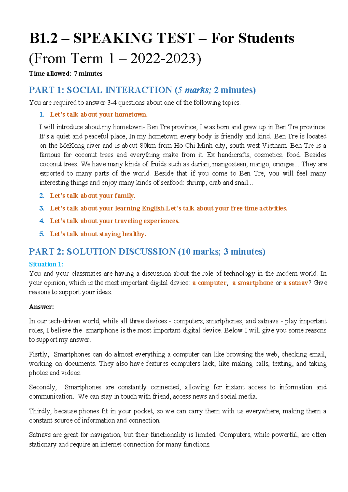 B1.2- Speaking TEST- Students (12-10-2022) - B1 – SPEAKING TEST – For ...