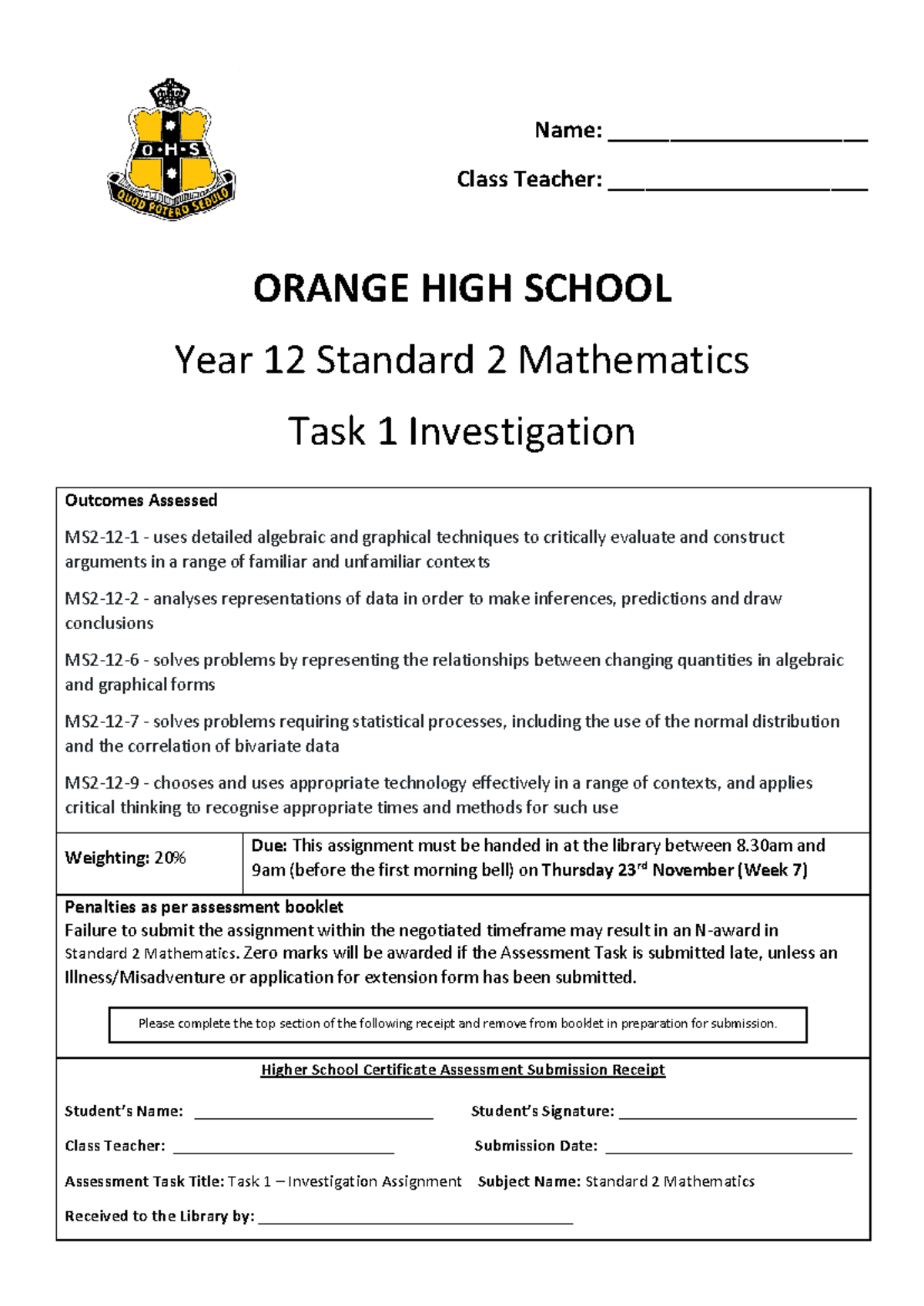 Yr 12 Standard 2 Maths assessment due T4W7 - Name ...