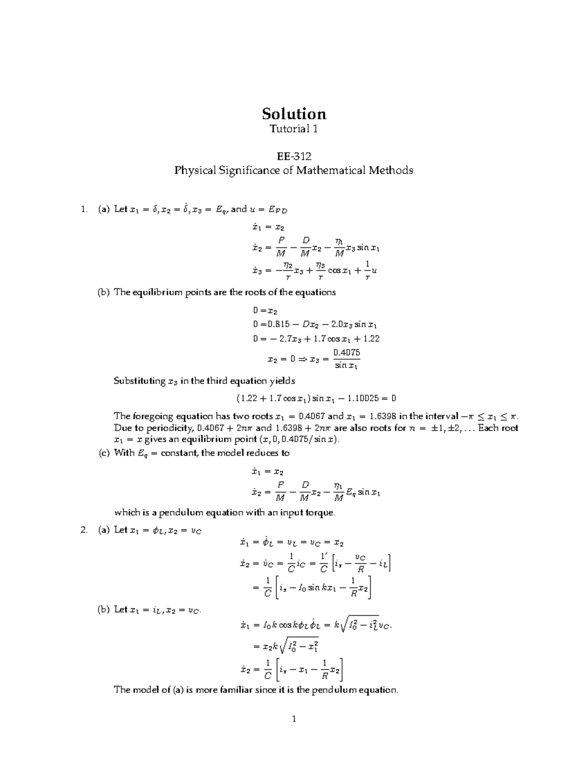 Solution Tutorial 1 Solution Tutorial 1 EE Physical Significance Of