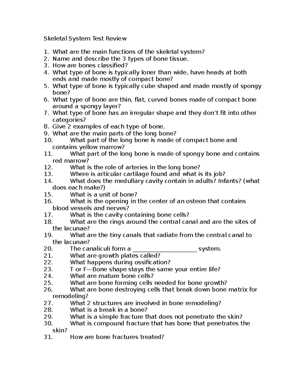 Skeletal System Test Review - Skeletal System Test Review What are the ...