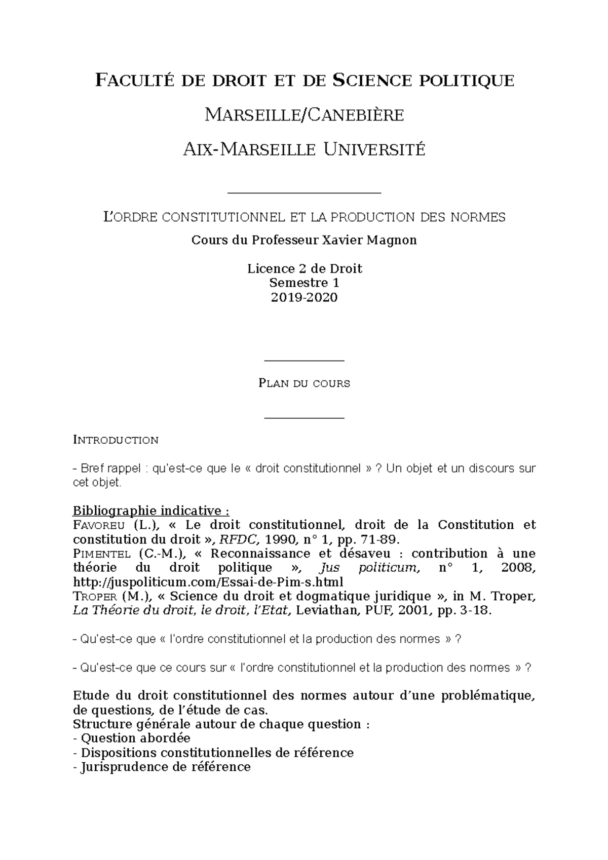 Plan provisoire l2 droit constit - FACULTÉ DE DROIT ET DE SCIENCE POLITIQUE MARSEILLE/CANEBIÈRE ...