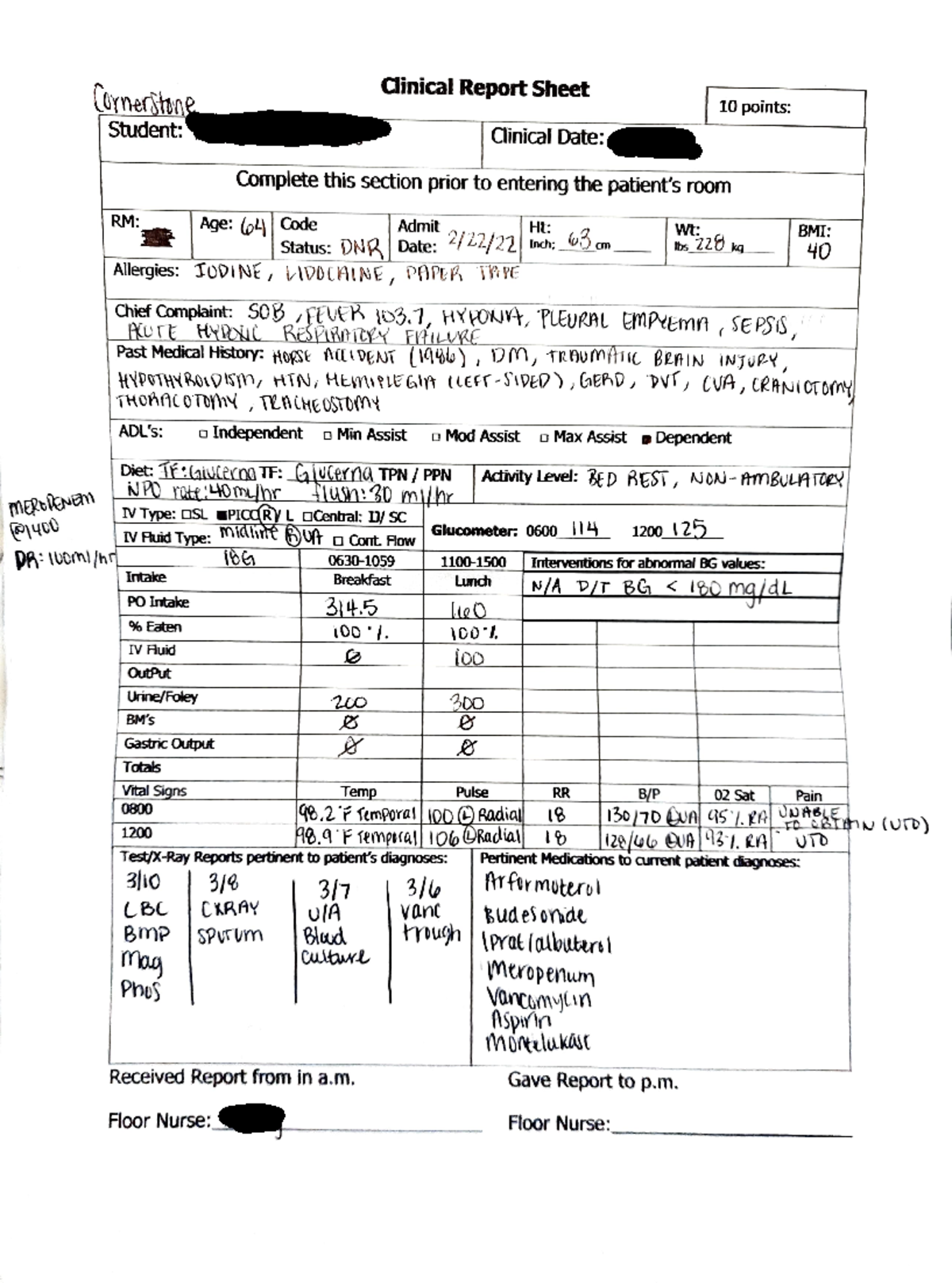 CVA respiratory failure sepsis long sbar - Clinical Report Sheet ...