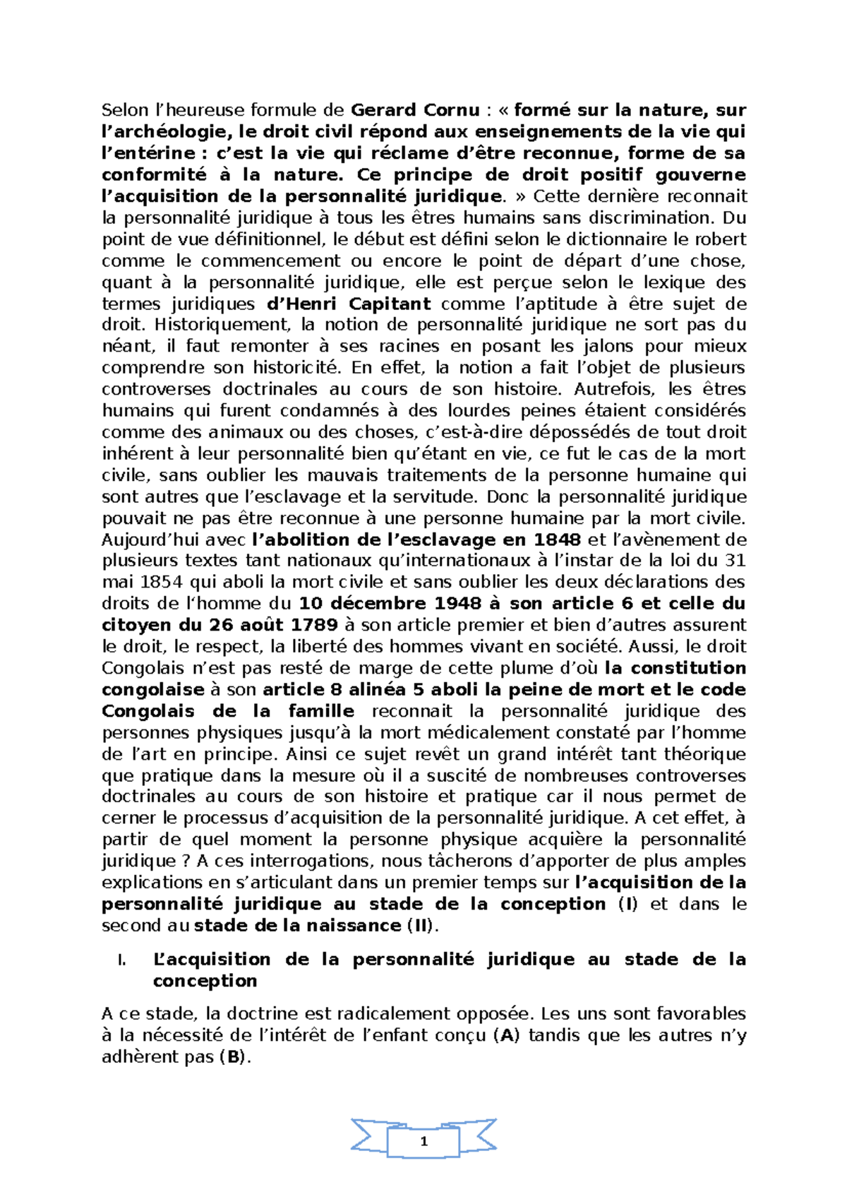 Début de la personnalité juridique - Selon l’heureuse formule de Gerard ...